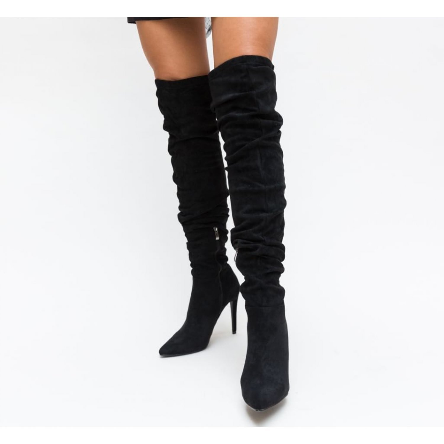 Cizme inalte cu toc inalt din piele neagra eco intoarsa Sanda ...