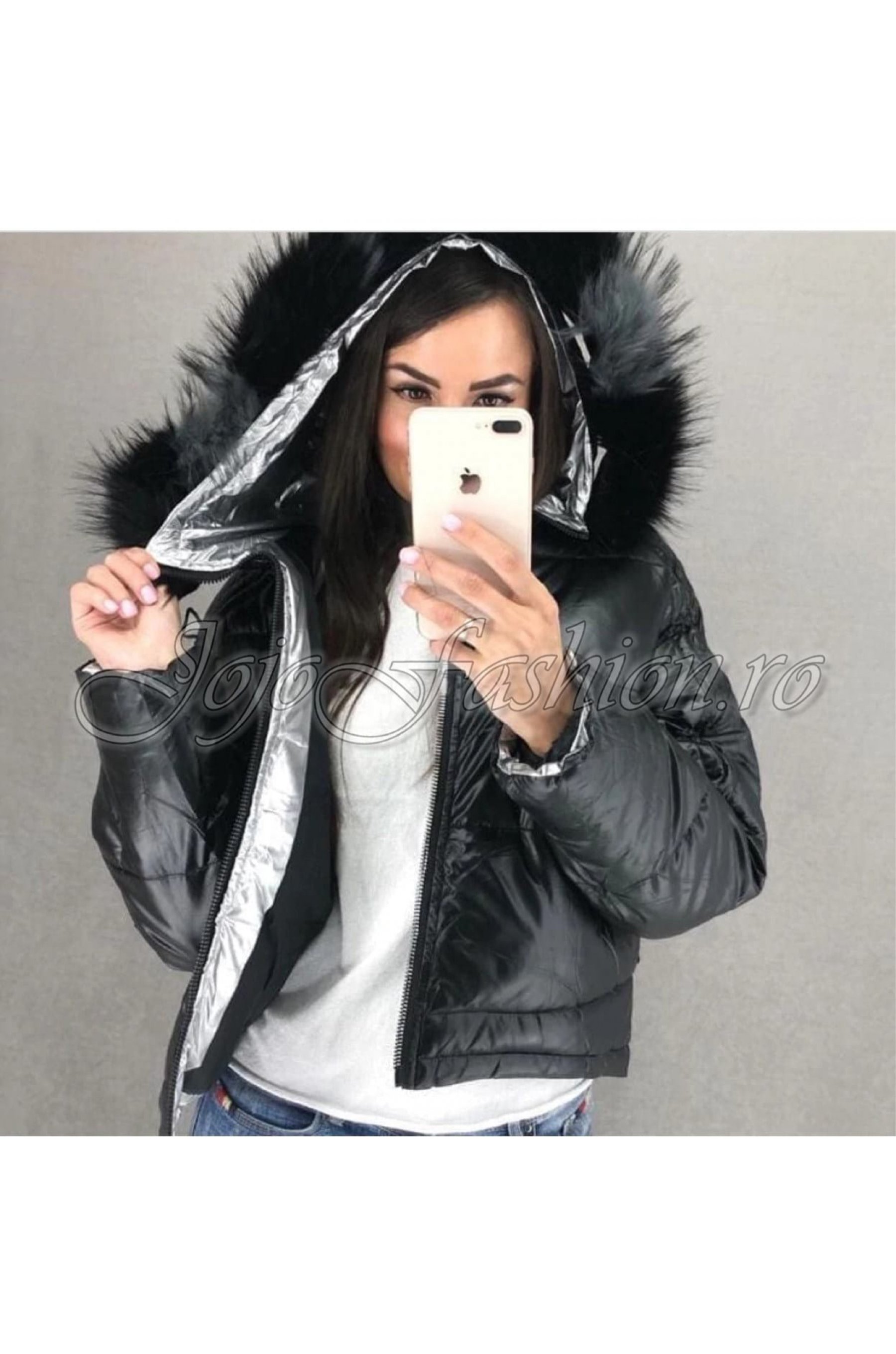 Geaca de dama de iarna lucioasa neagra cu blanita degrade Marysa ...