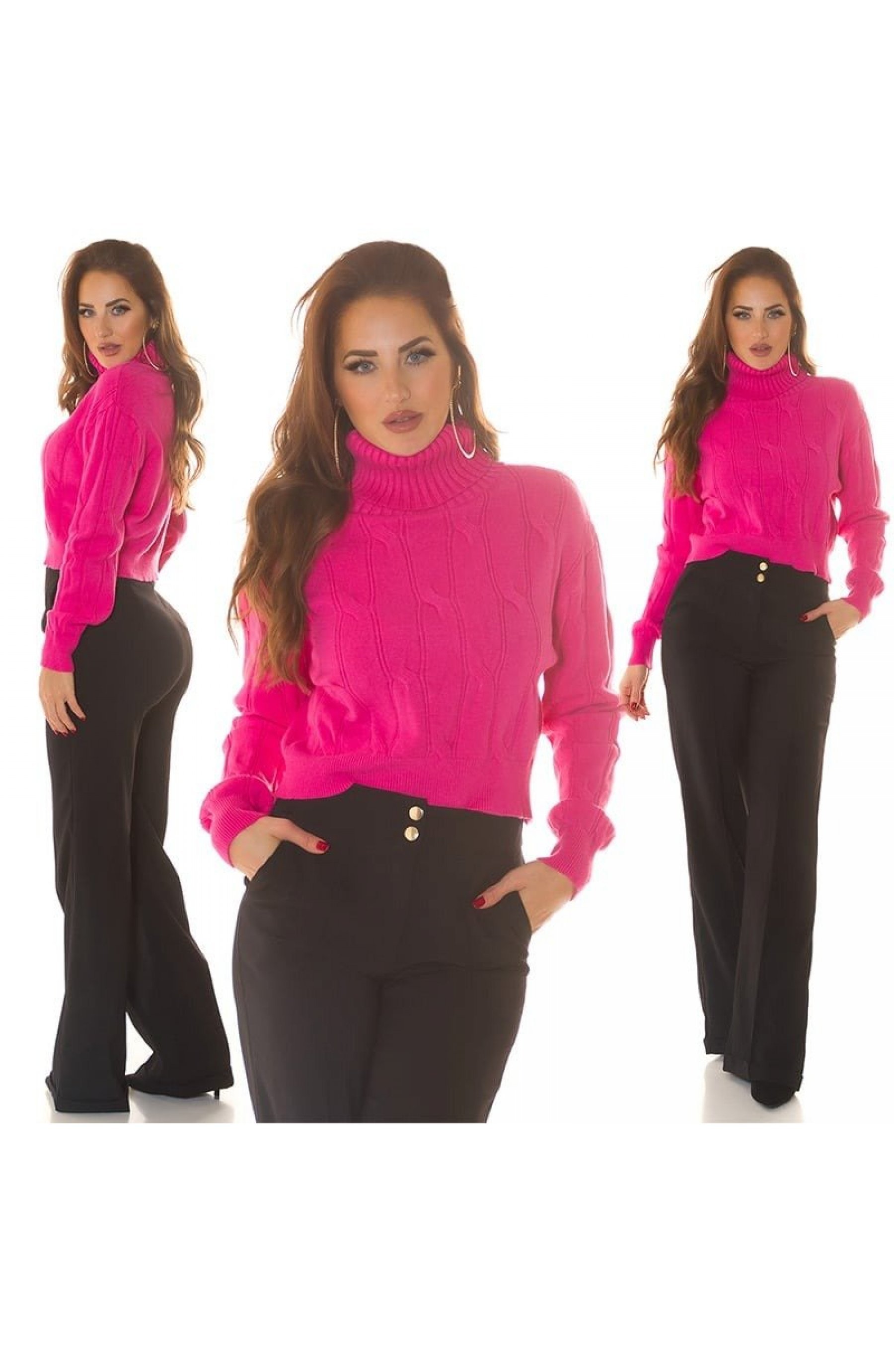 Pulover dama tricotat, scurt, vascoza roz fucsia, cu guler inalt ...