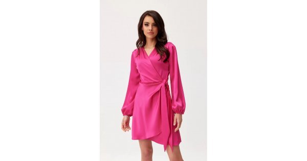 Rochie de ocazie scurta, din satin, roz magenta, cu maneca lunga ...