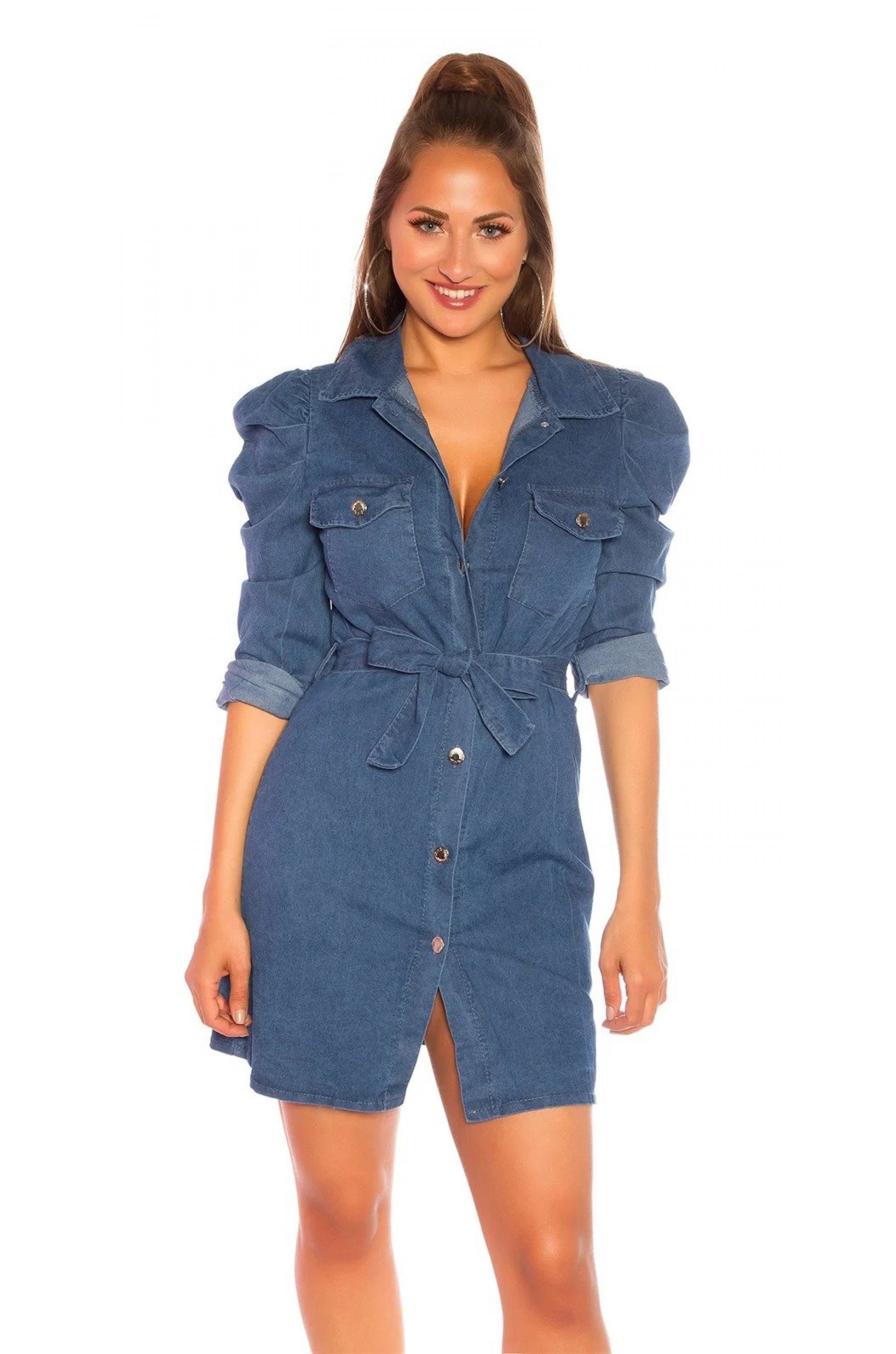 Rochie scurta de blugi tip camasa albastra Malika - JojoFashion.ro