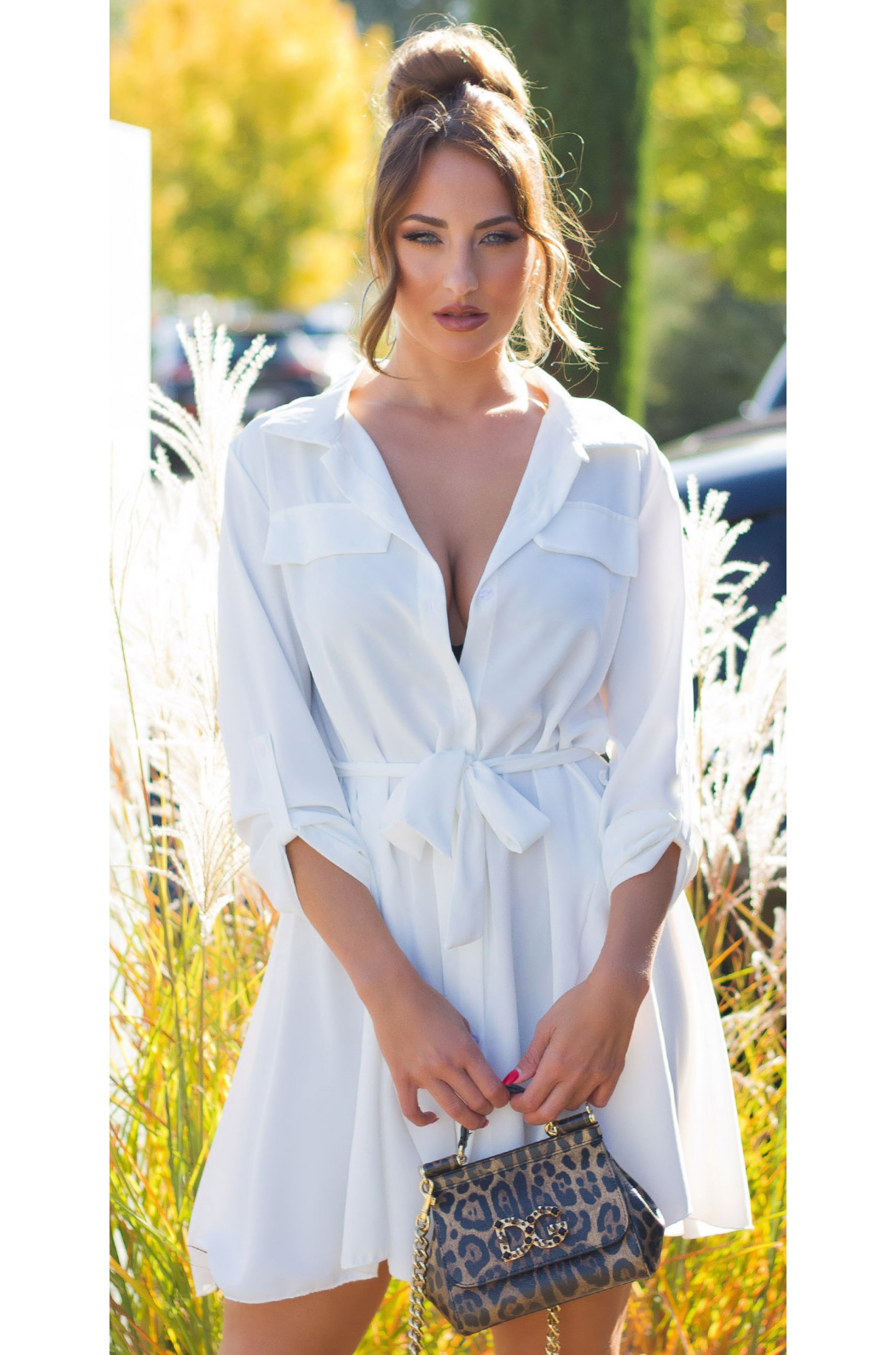 Rochie tip camasa, scurta, alba, Daruka - JojoFashion.ro