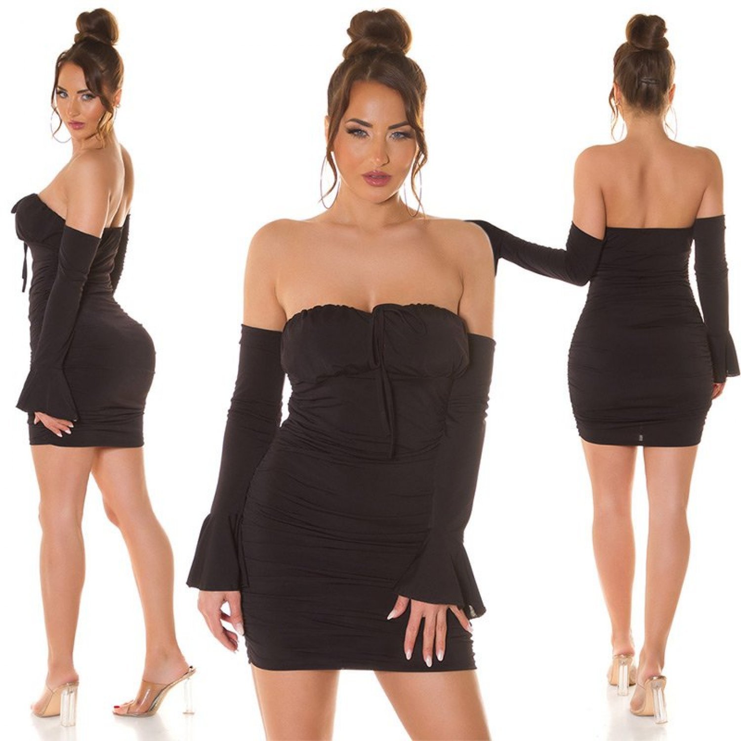 Rochie de club scurta, mulata, din nylon, neagra, cu umerii goi si ...