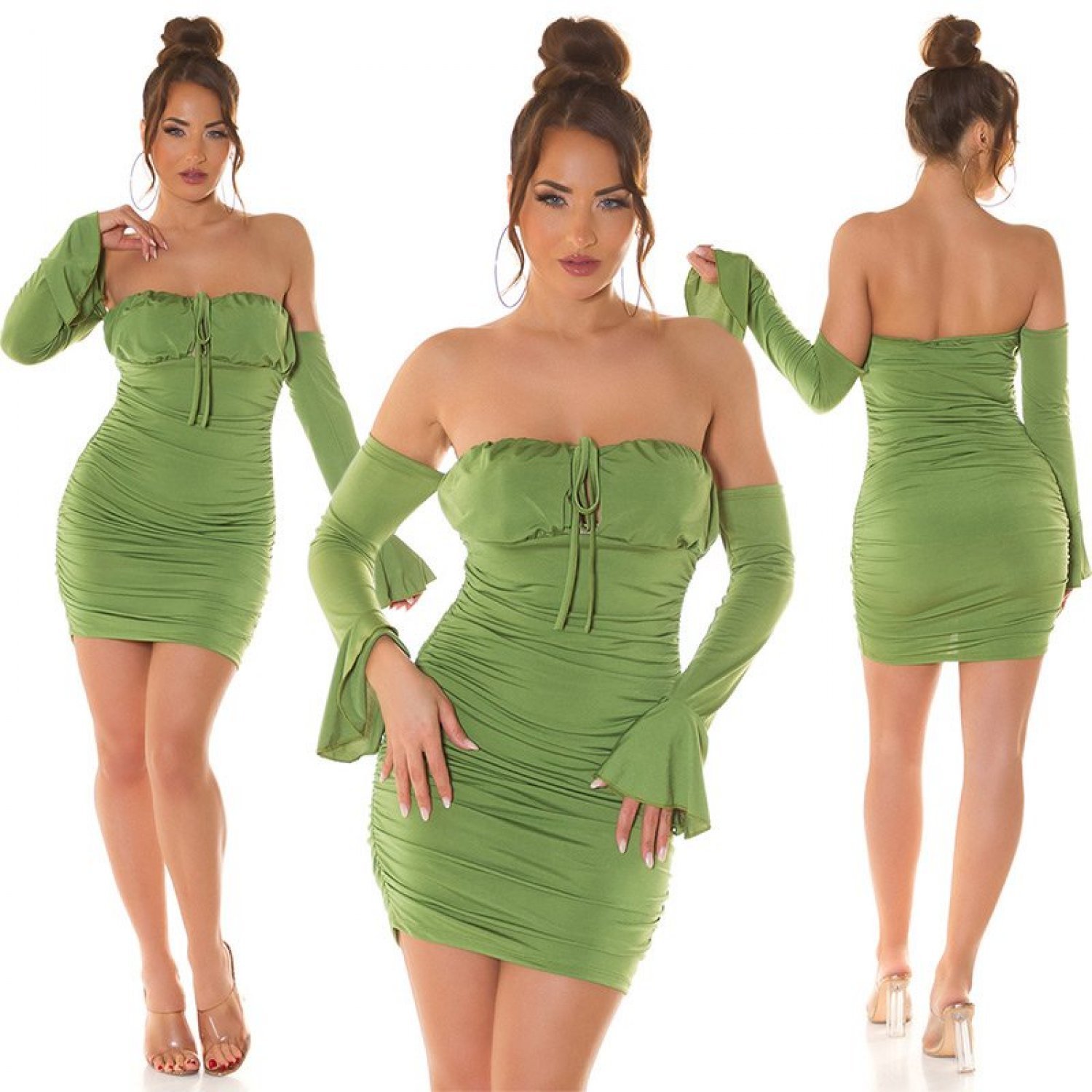Rochie de club scurta, mulata, din nylon, verde, cu umerii goi si ...