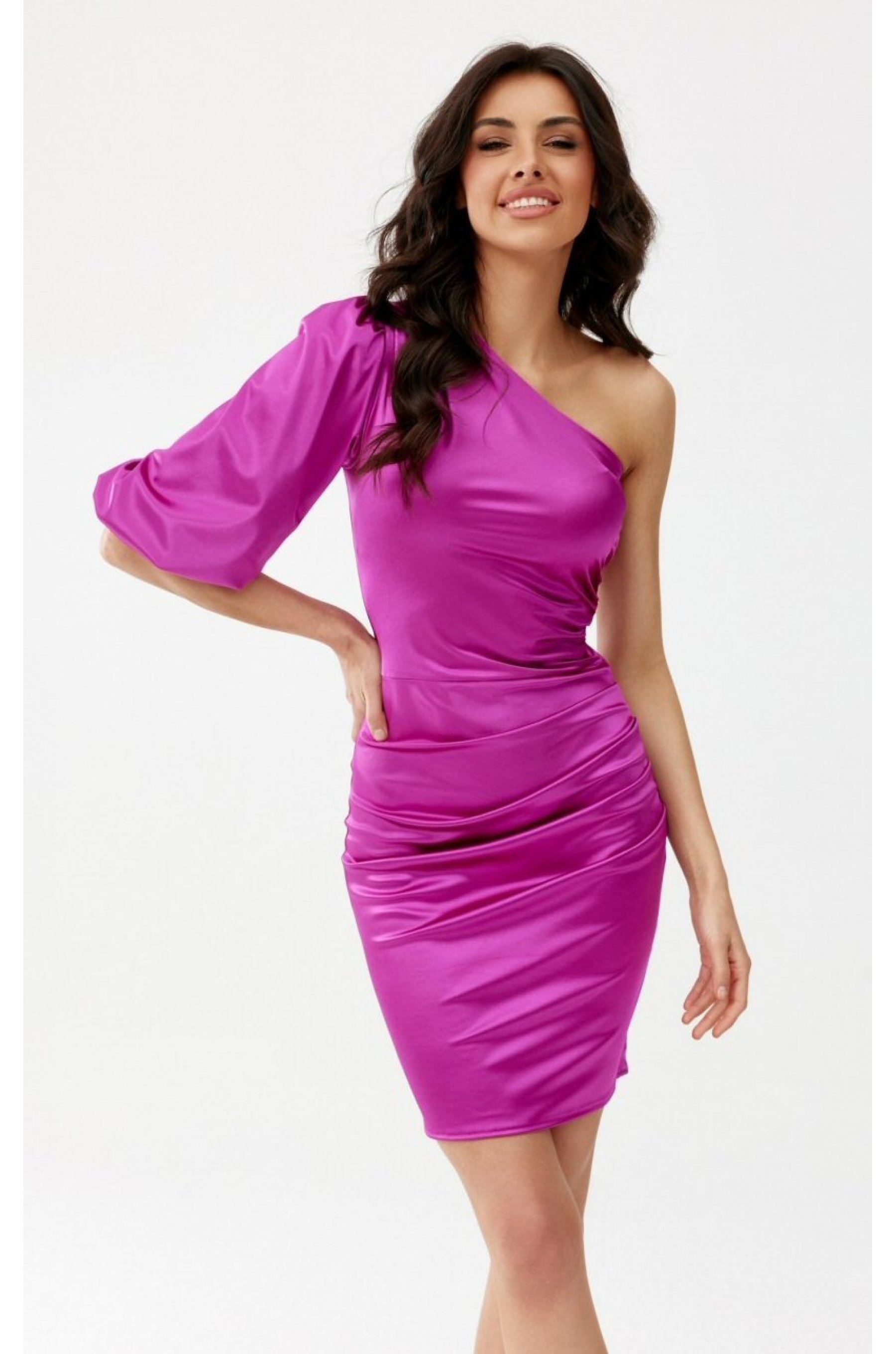 Rochie scurta din satin, roz fucsia, mulata, cu un umar gol, Esmera ...