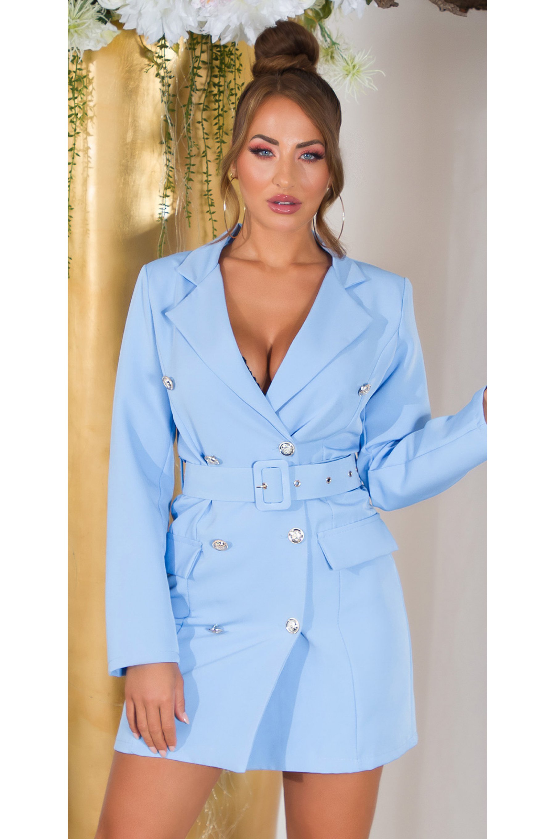 Rochie scurta tip sacou, baby blue, cu maneca lunga, Eliza - JojoFashion.ro