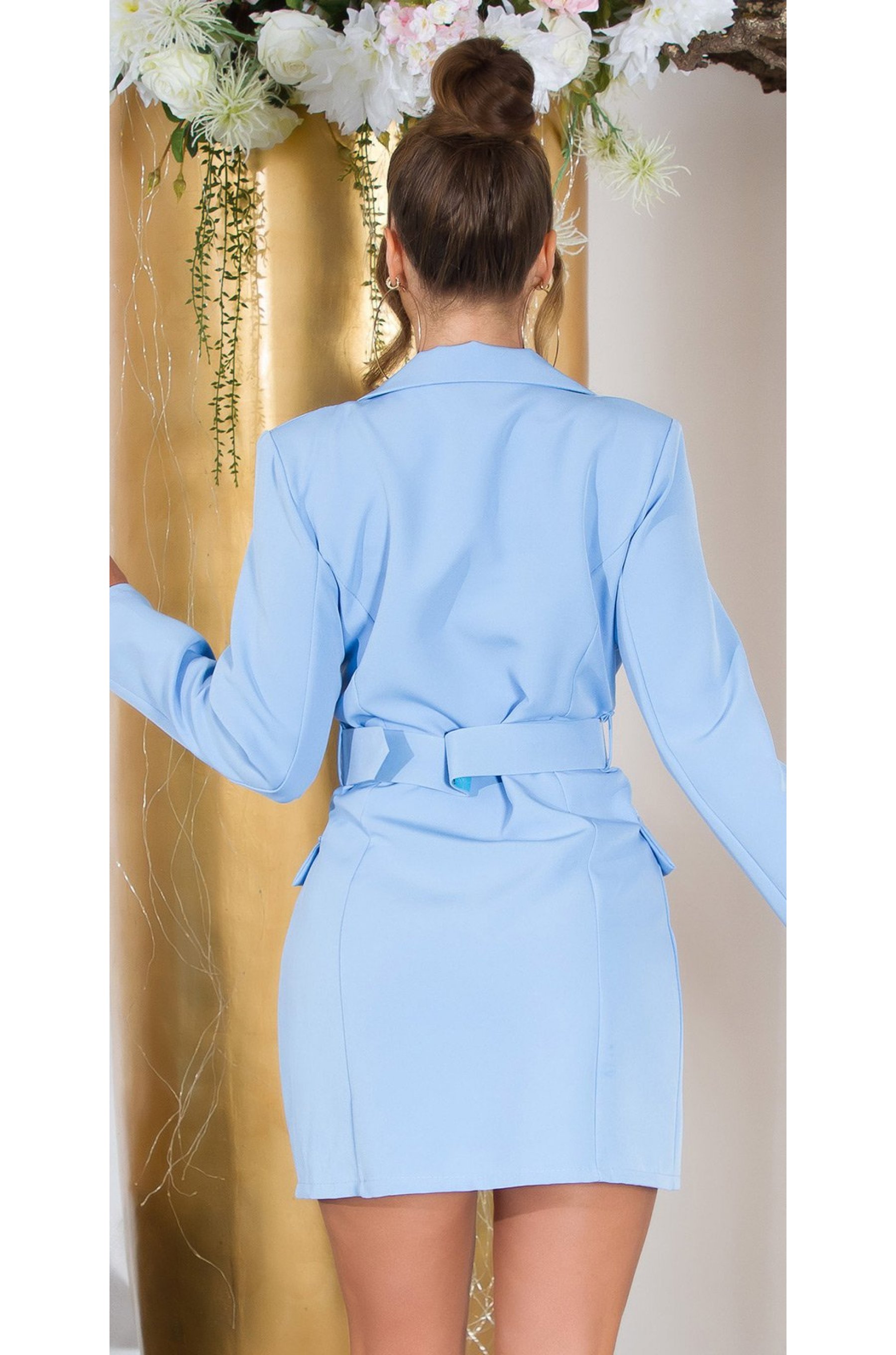 Rochie scurta tip sacou, baby blue, cu maneca lunga, Eliza - JojoFashion.ro