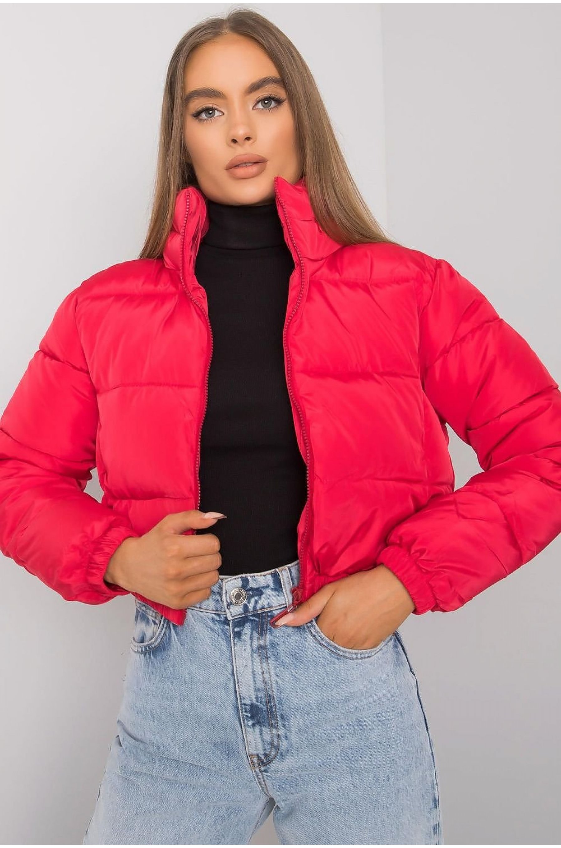 Geaca dama bomber scurta, rosie, matlasata, Amedeia - JojoFashion.ro
