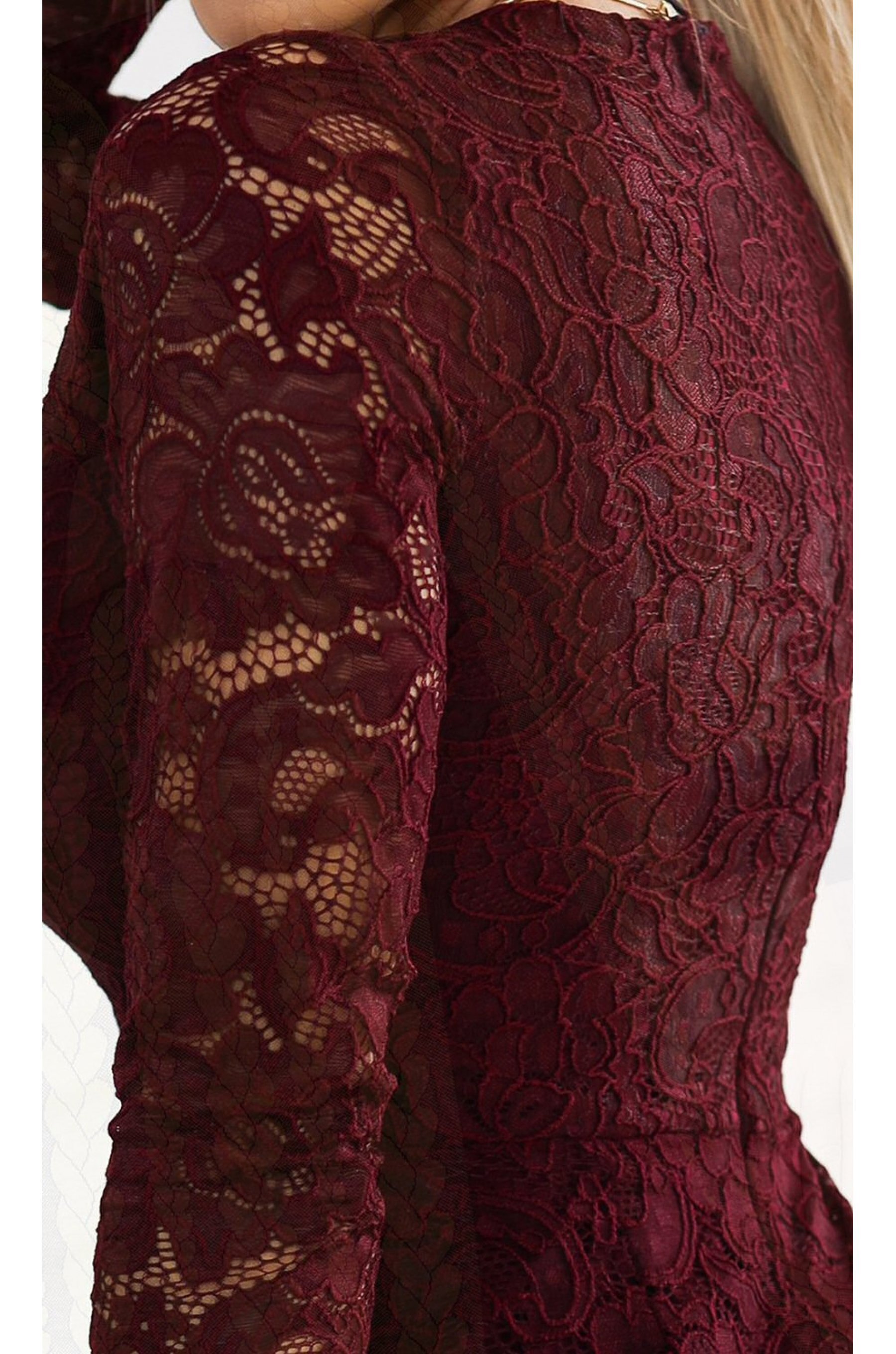 Rochie midi mulata din dantela burgundy cu maneca lunga Sofia ...