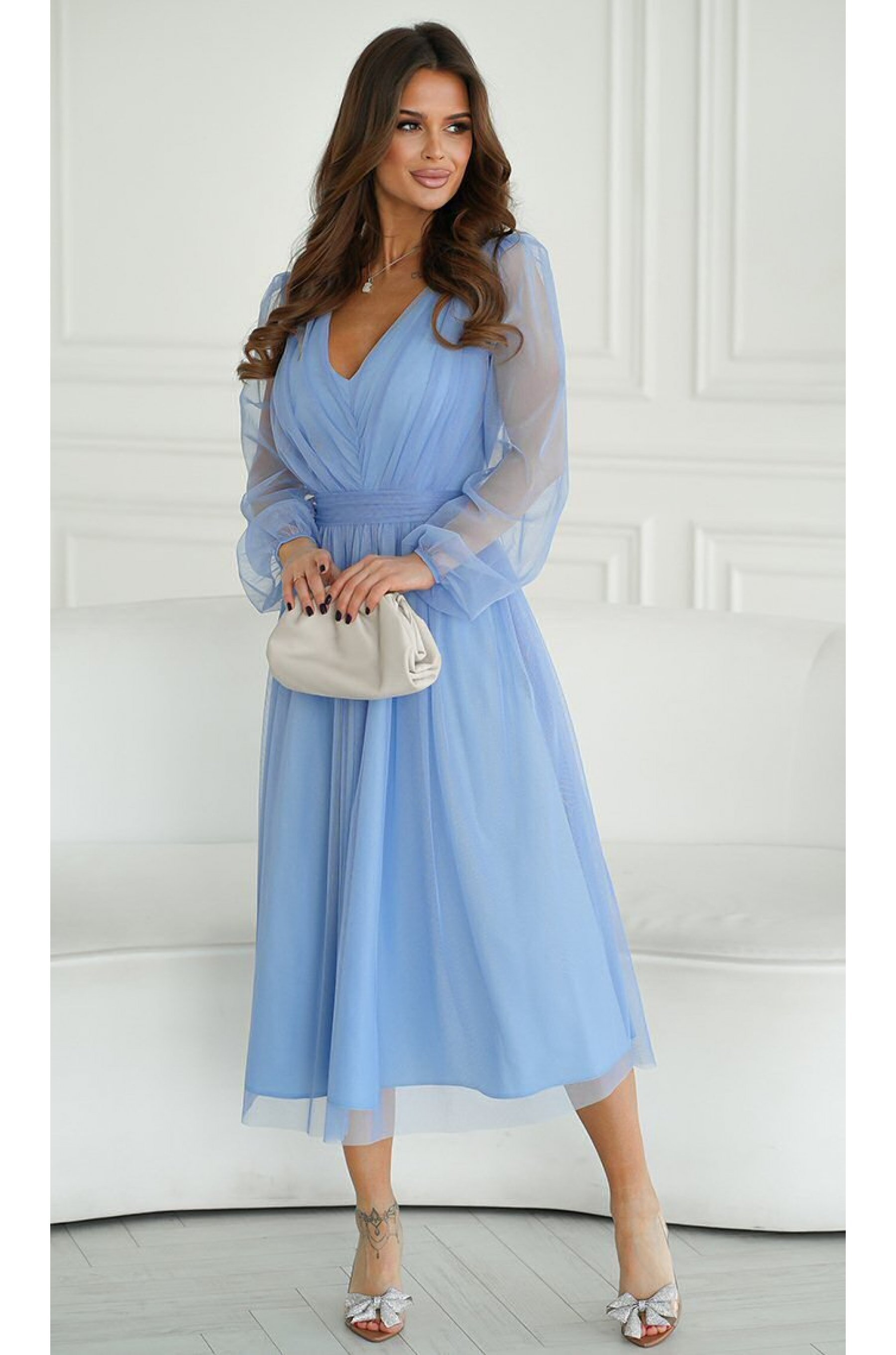 Rochie eleganta midi, din tul cu glitter, bleu, evazata, cu maneca ...