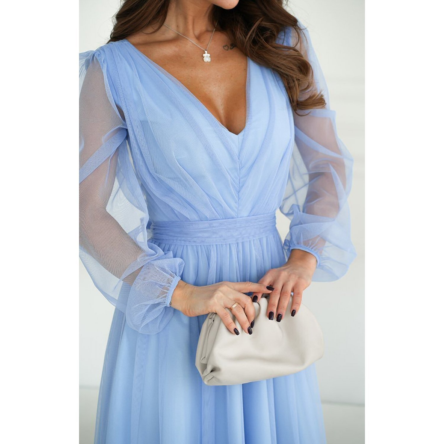 Rochie eleganta midi, din tul cu glitter, bleu, evazata, cu maneca ...