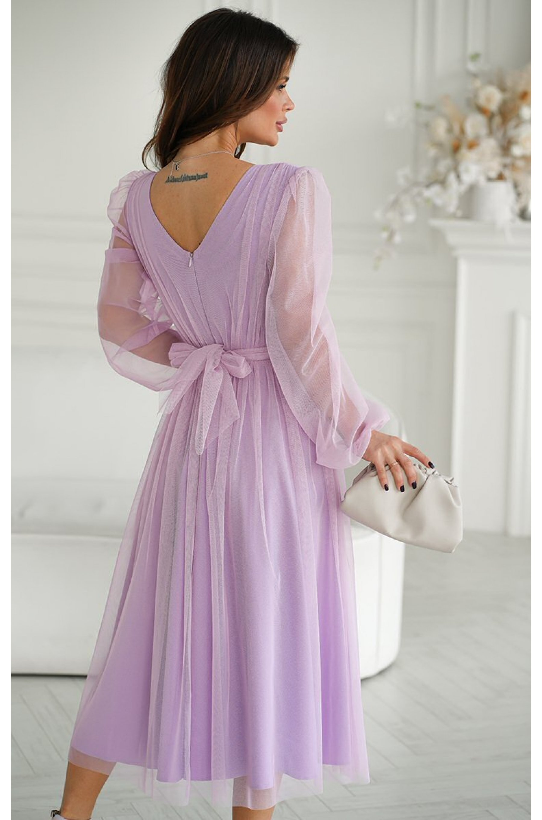Rochie midi din tul cu glitter lila cu maneca lunga Petra - JojoFashion.ro