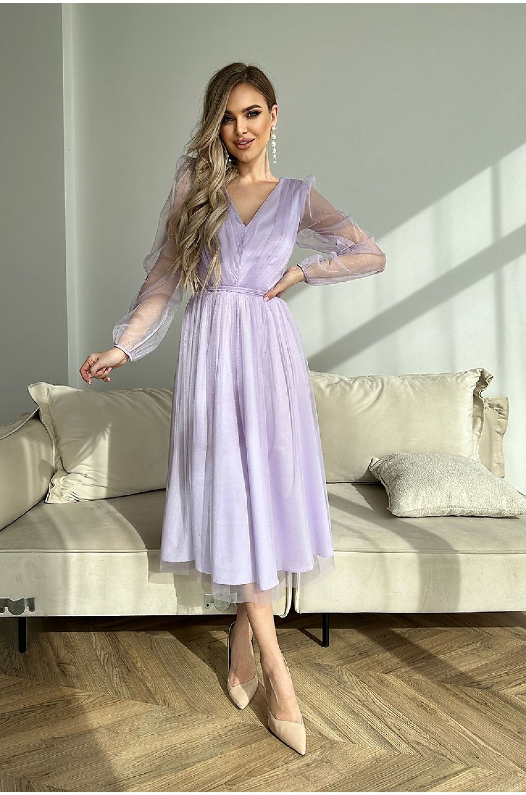 Rochie midi din tul cu glitter lila cu maneca lunga Petra - JojoFashion.ro