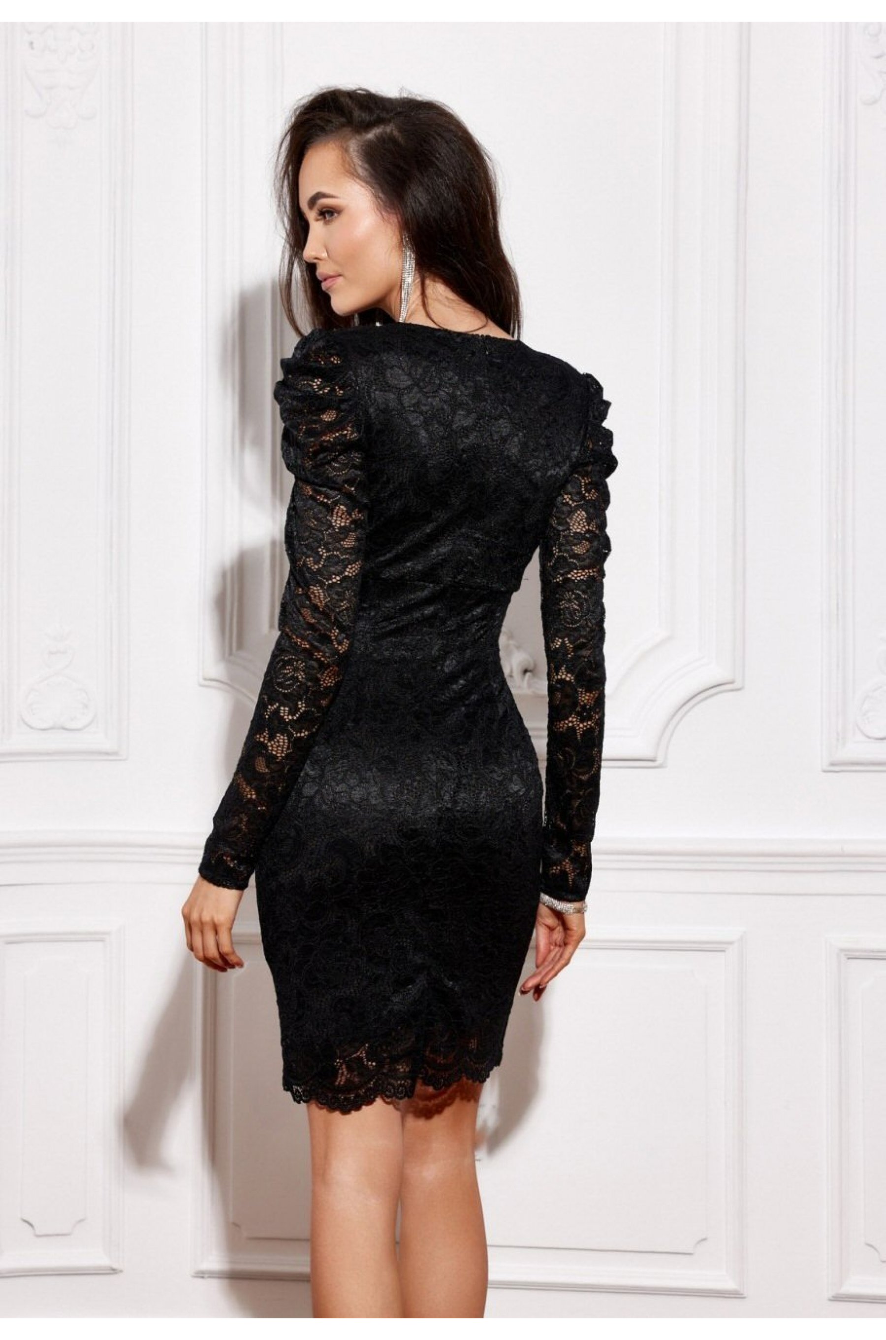 Rochie scurta neagra mulata din dantela cu maneca lunga Glory ...