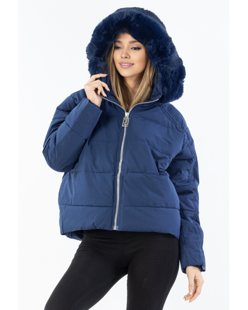 Geaca dama de iarna scurta, blana eco, neagra Rosary - JojoFashion.ro