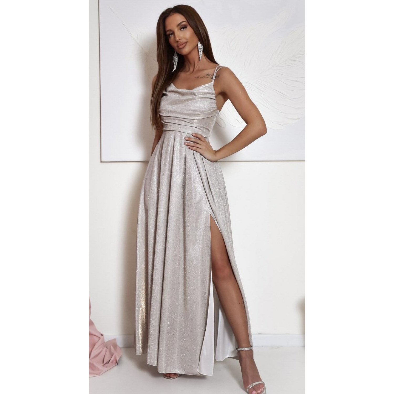 Rochie de seara lunga, glitter, aurie light, cu bust tip corset ...