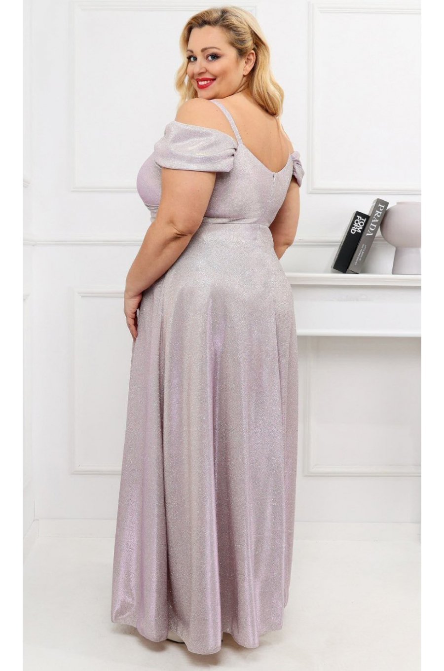 Rochie XXL eleganta lunga, din bumbac cu glitter, sampanie roz pal, cu ...