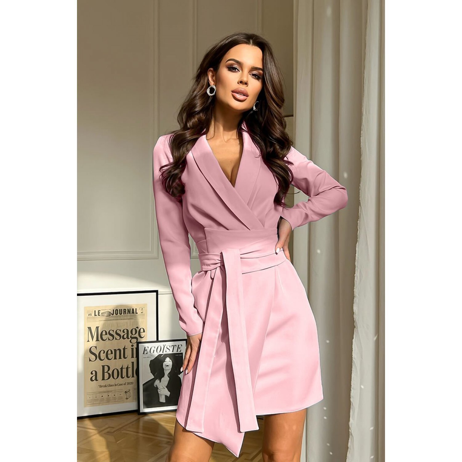 Rochie de zi scurta, roz pal, tip sacou, cu maneca lunga, Liana ...