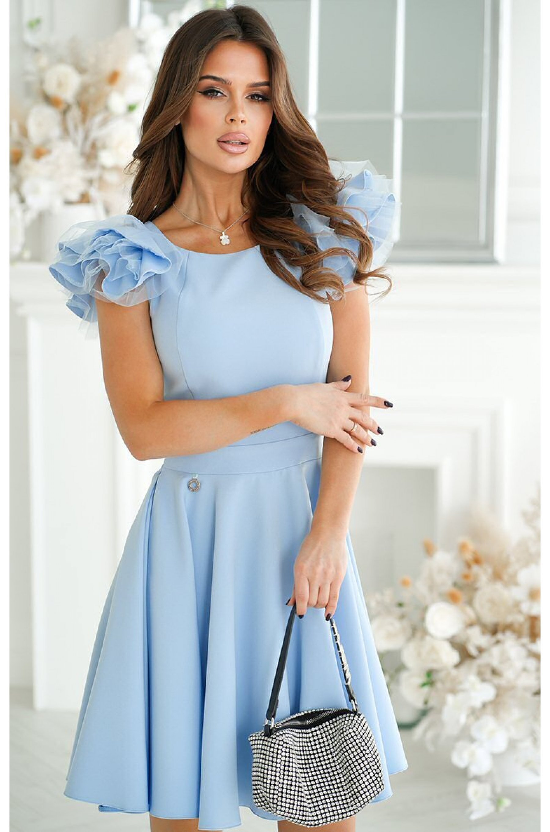 Rochie baby doll scurta, din vascoza, baby blue, cu volan la maneca ...