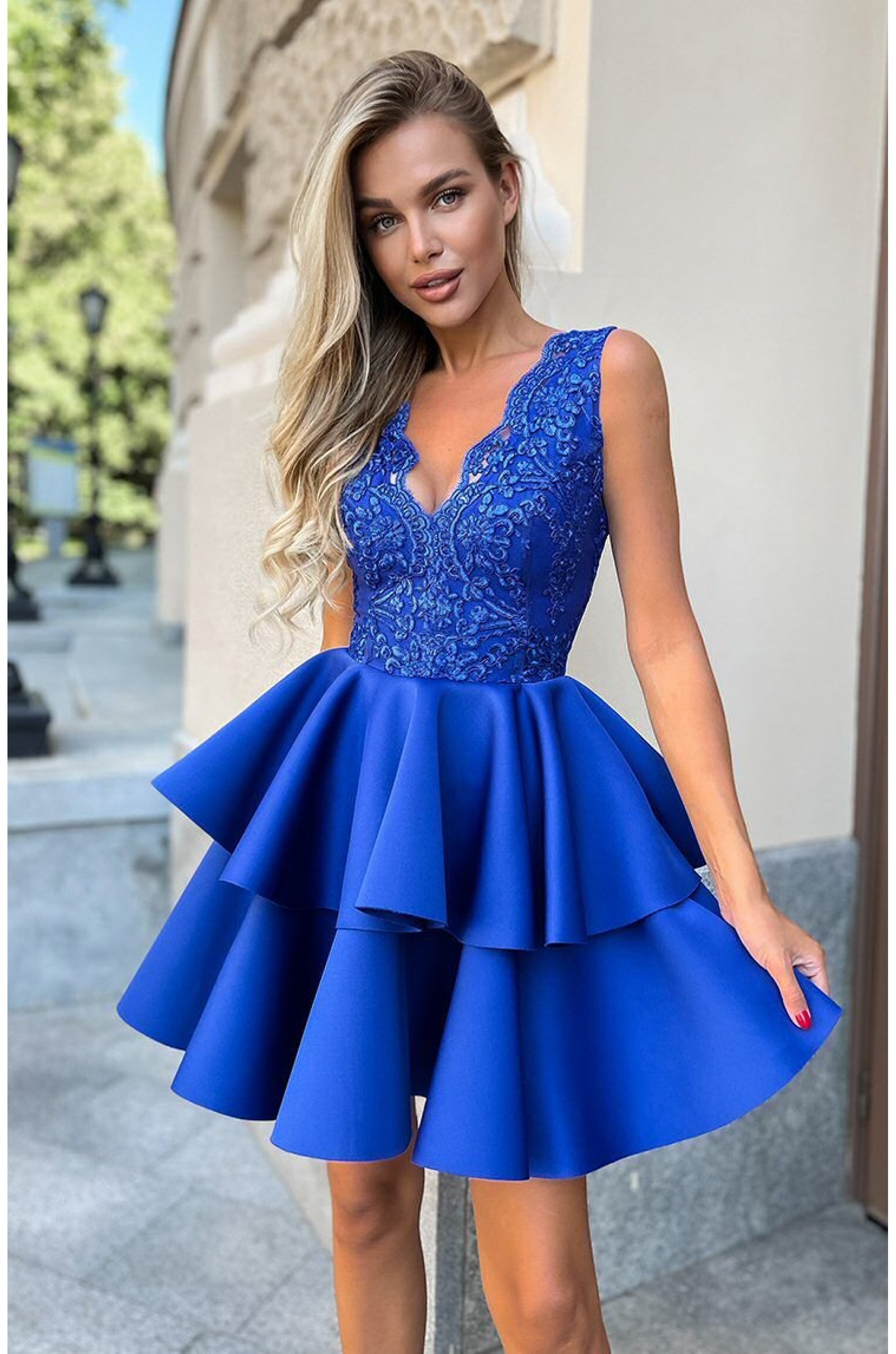 Rochie baby doll, scurta, cu dantela, albastra, volane suprapuse ...