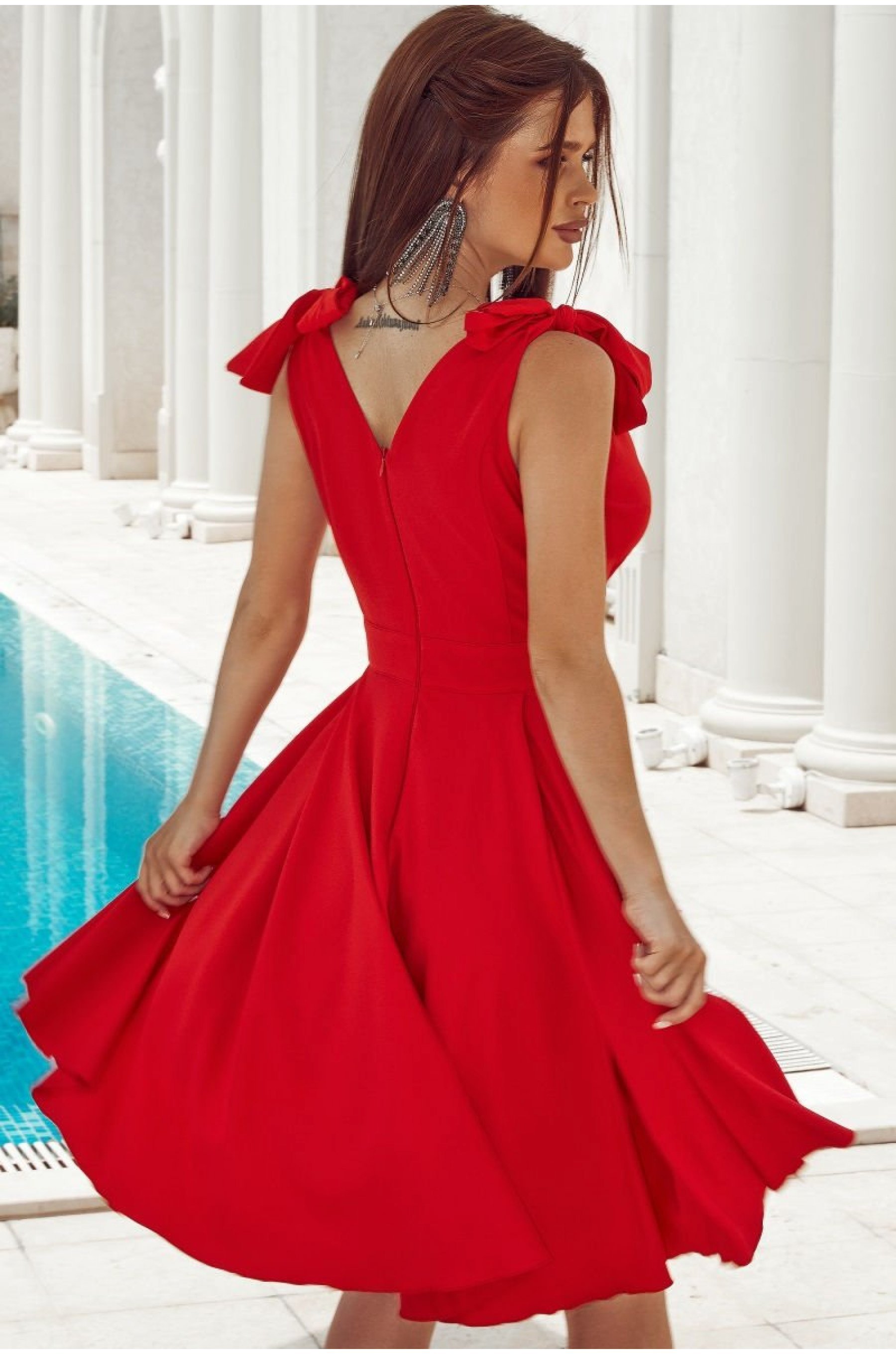 Rochie baby doll scurta rosie din vascoza in clos Katalina - JojoFashion.ro