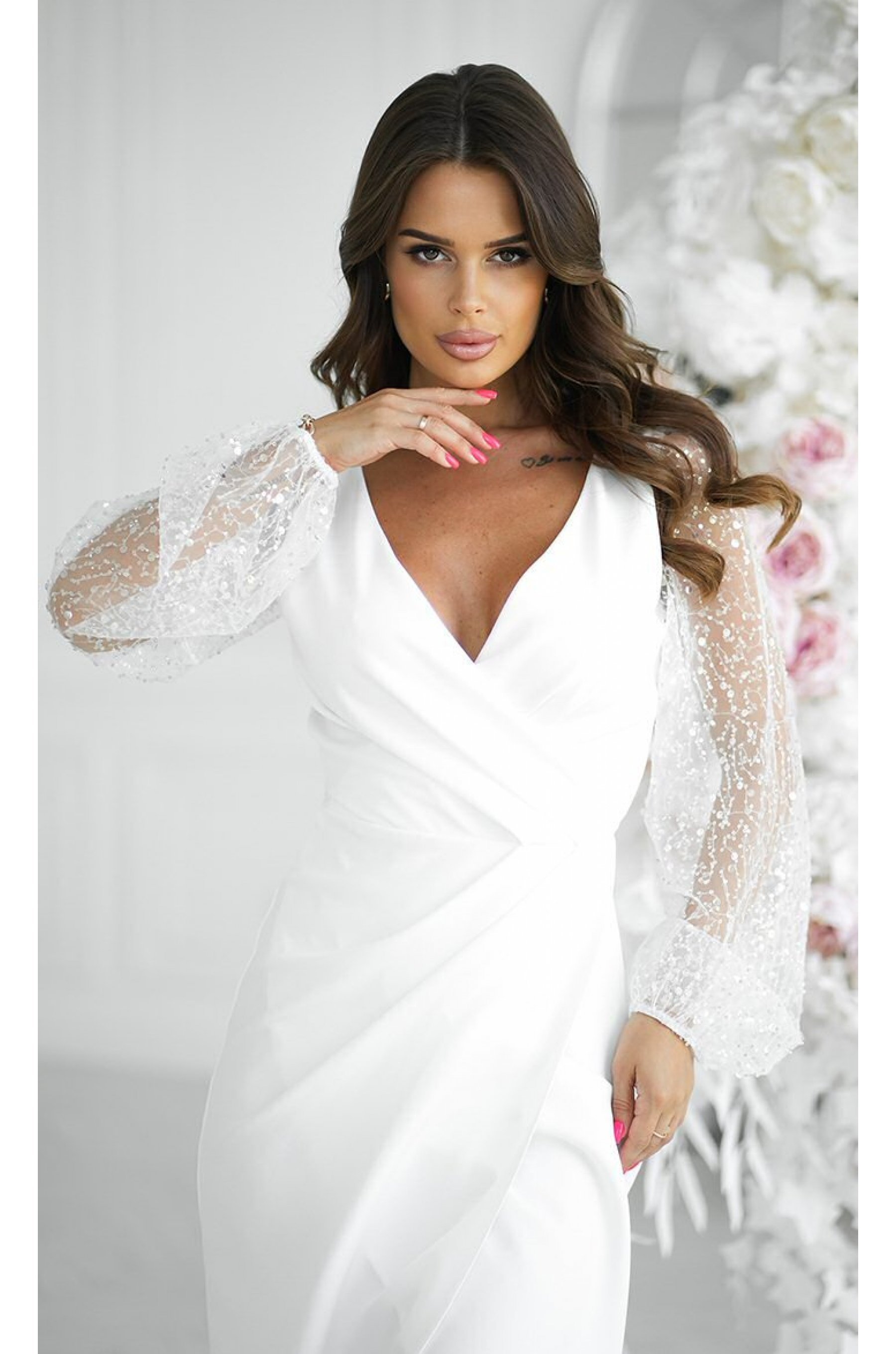 Rochie cununie civila alba, lunga, cu paiete, cu maneca lunga, Deluxe ...