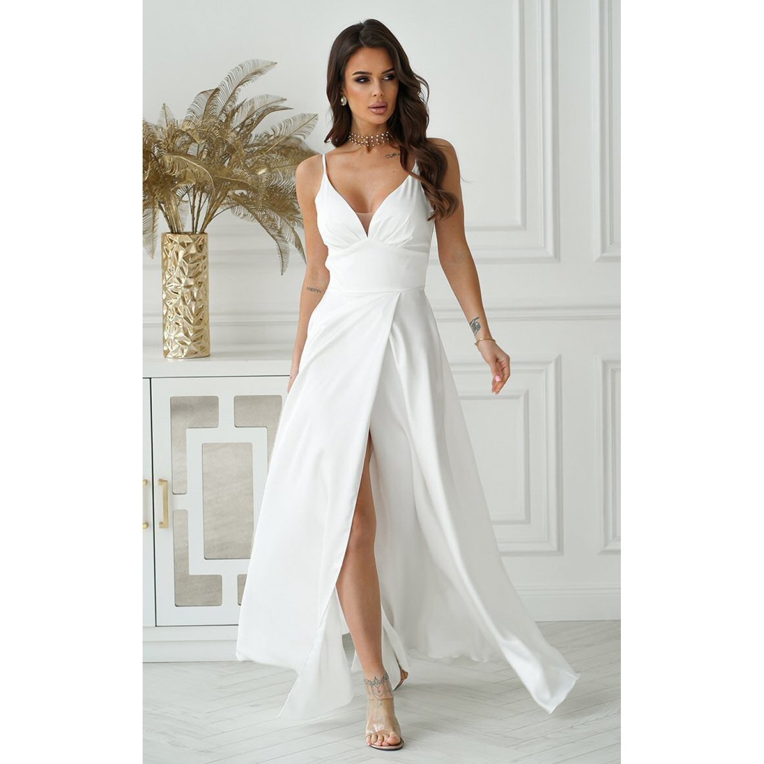 Rochie cununie civila lunga, din satin, alba, fluida, Aleeza ...
