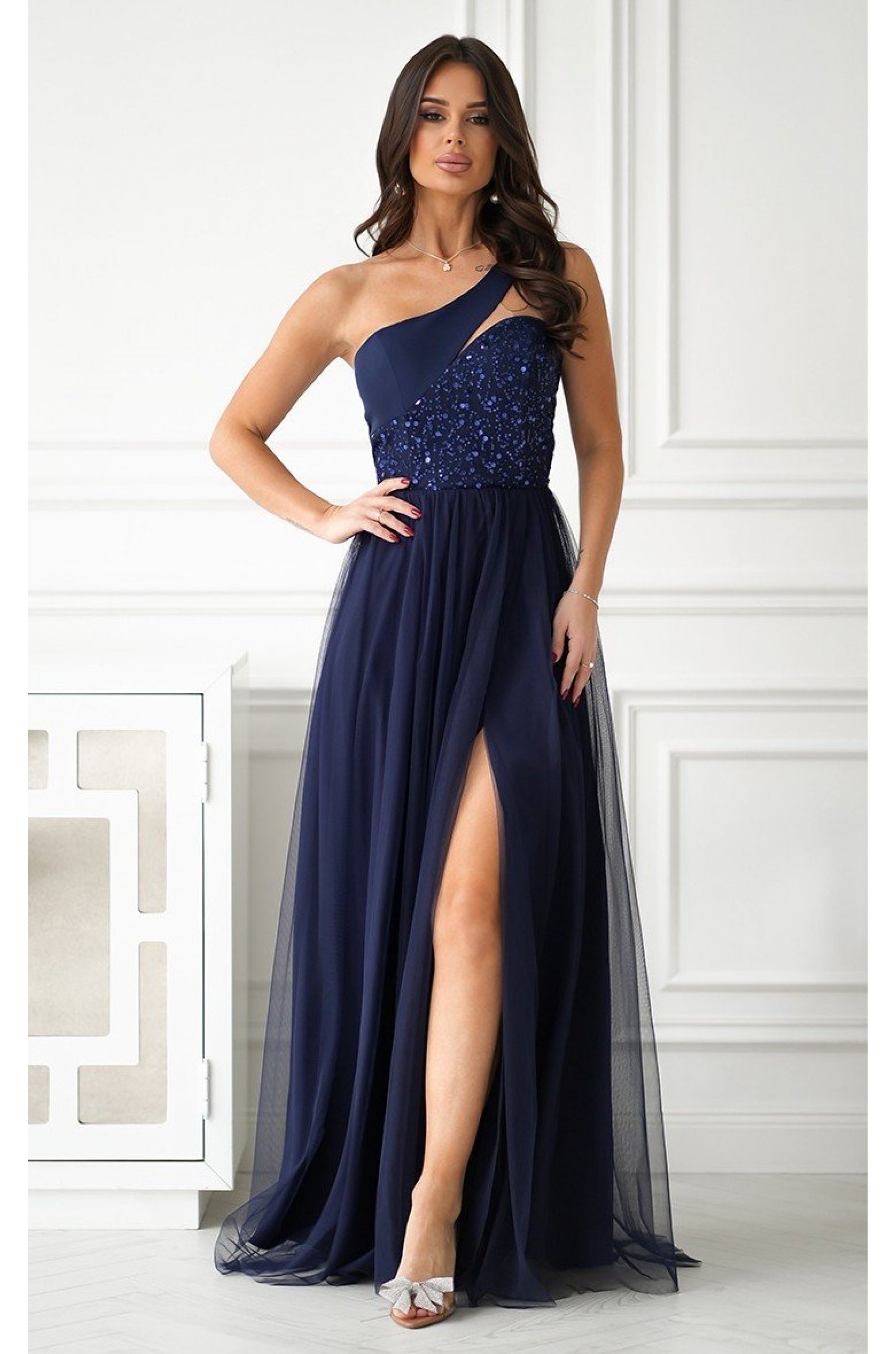 Rochie de banchet lunga bleumarin navy cu tulle si paiete Louanna ...