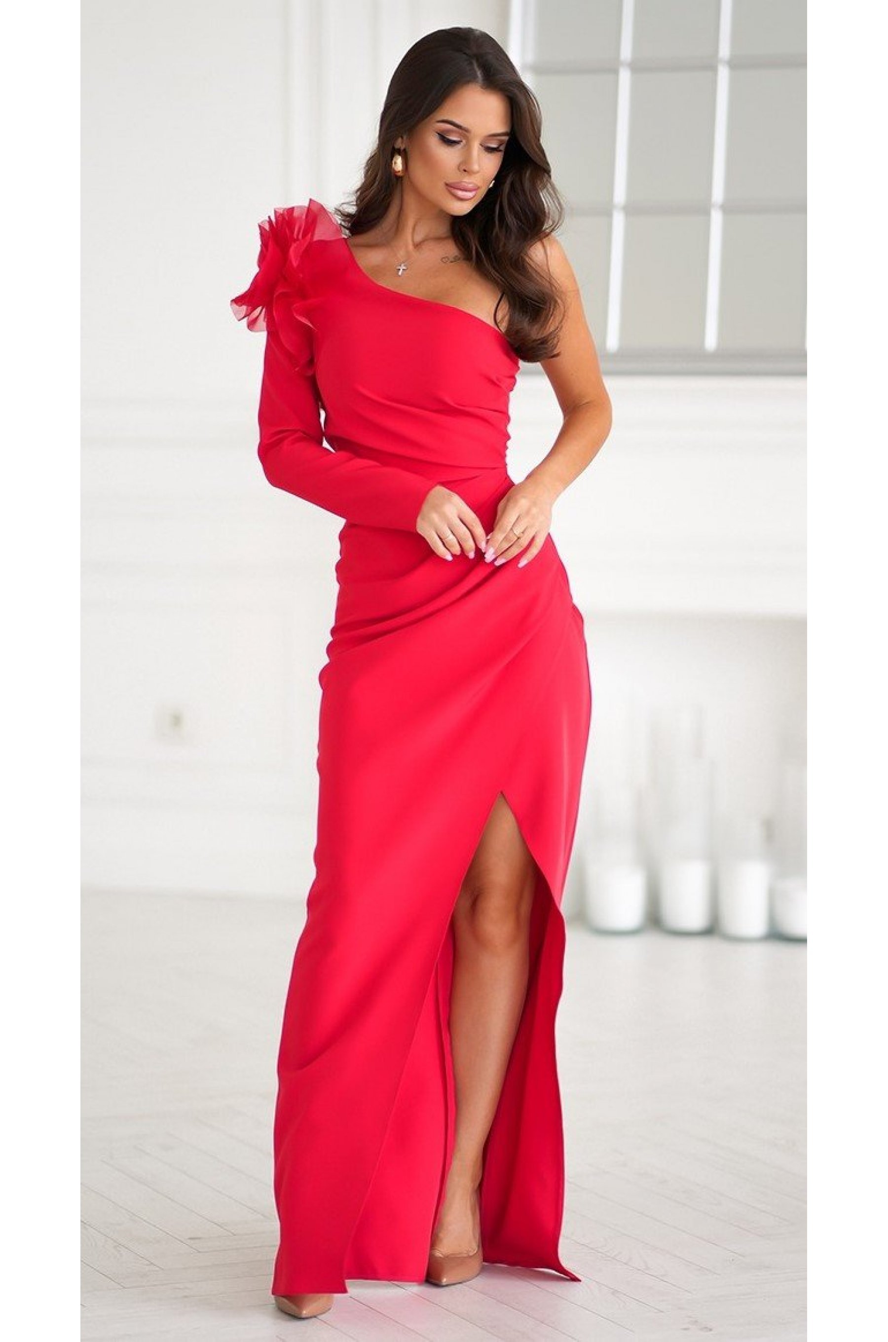 Rochie de nasa eleganta rosie cu floare pe umar cu maneca lunga ...