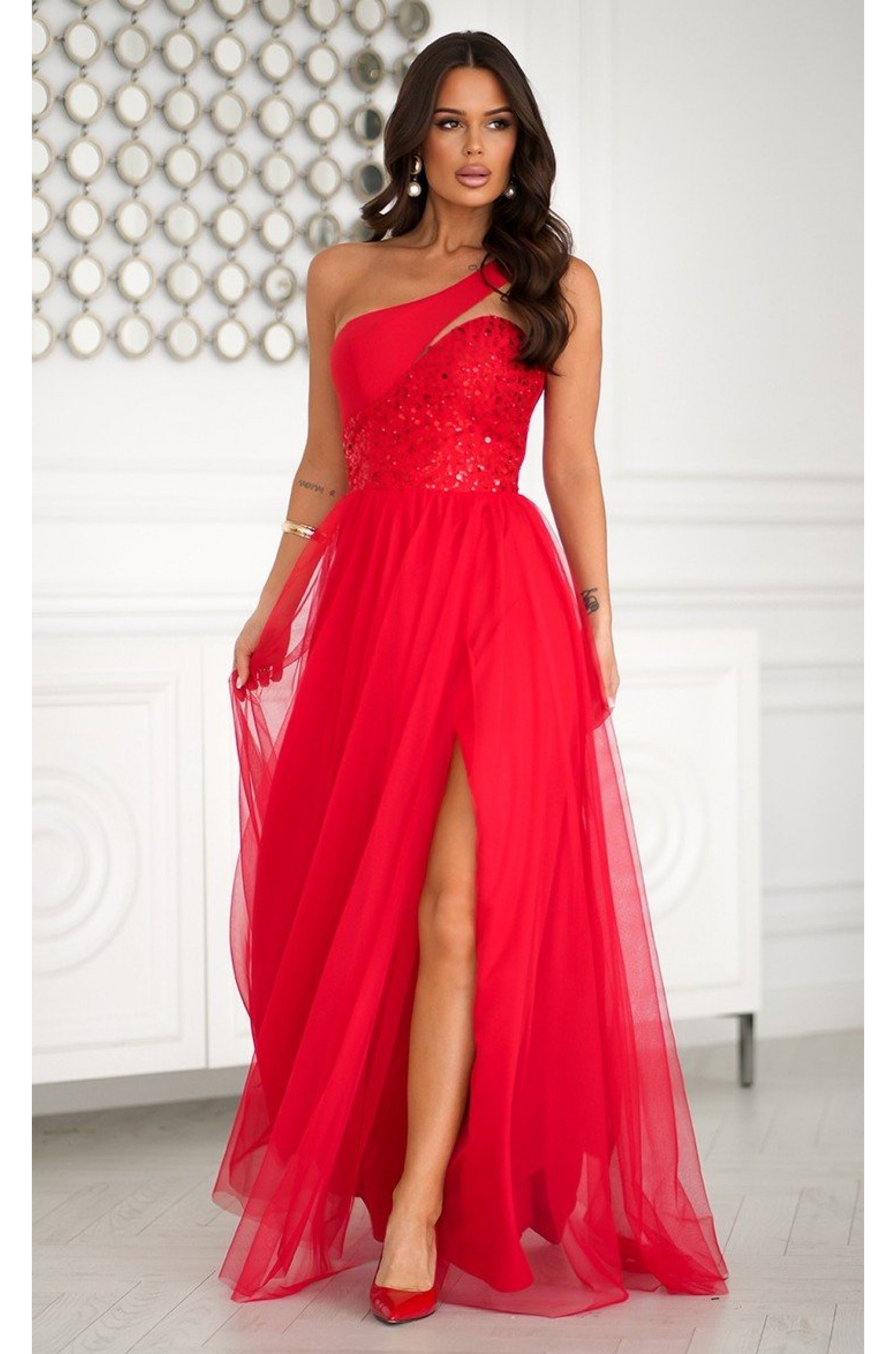 Rochie de nasa lunga rosie cu tulle si paiete Louanna - JojoFashion.ro