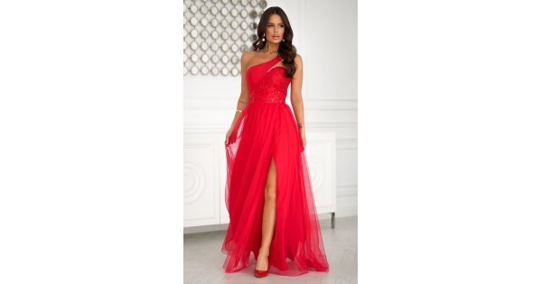 Rochie de nasa lunga rosie cu tulle si paiete Louanna - JojoFashion.ro