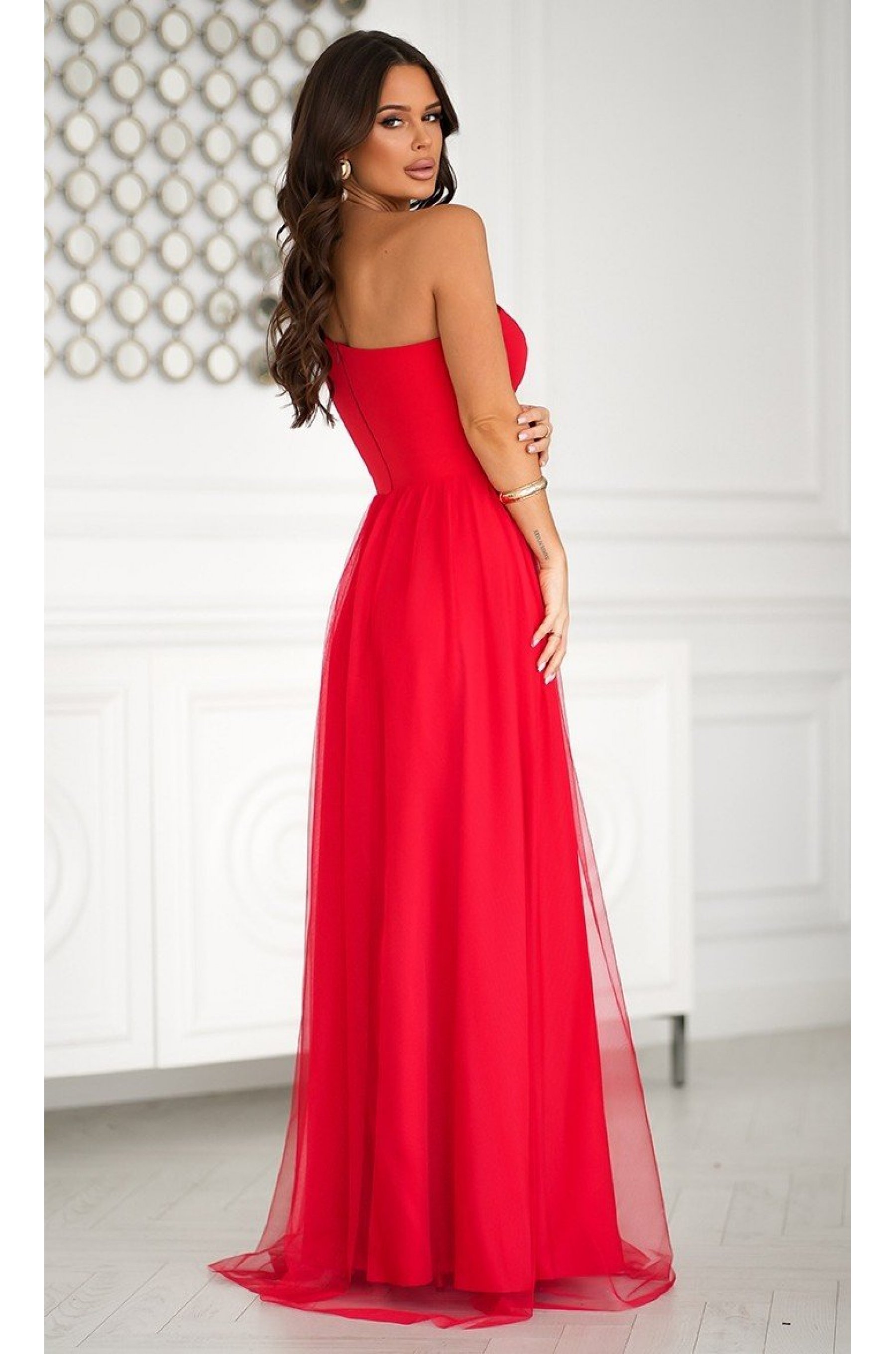 Rochie de nasa lunga rosie cu tulle si paiete Louanna - JojoFashion.ro