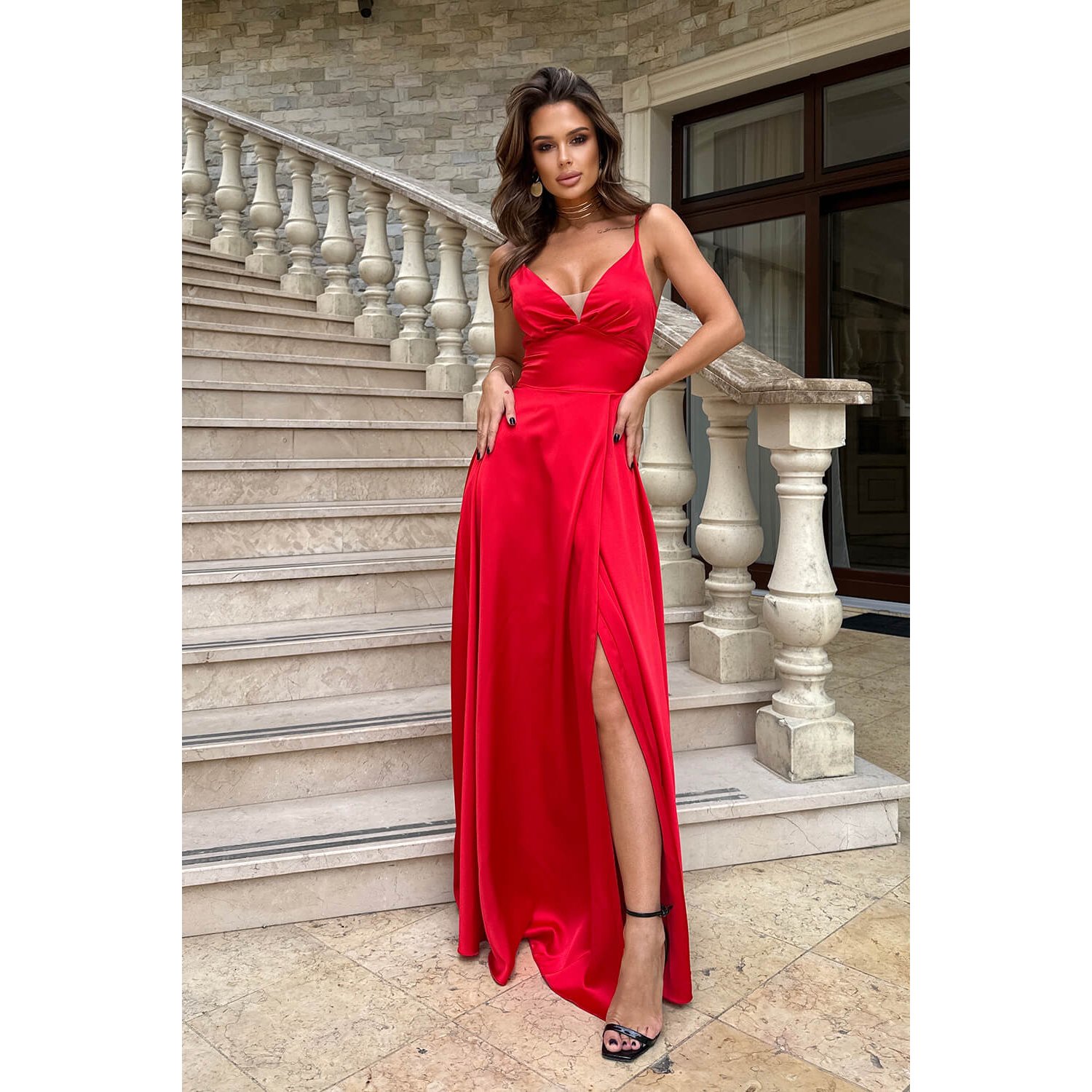 Rochie lunga rosie din satin Aleeza - JojoFashion.ro