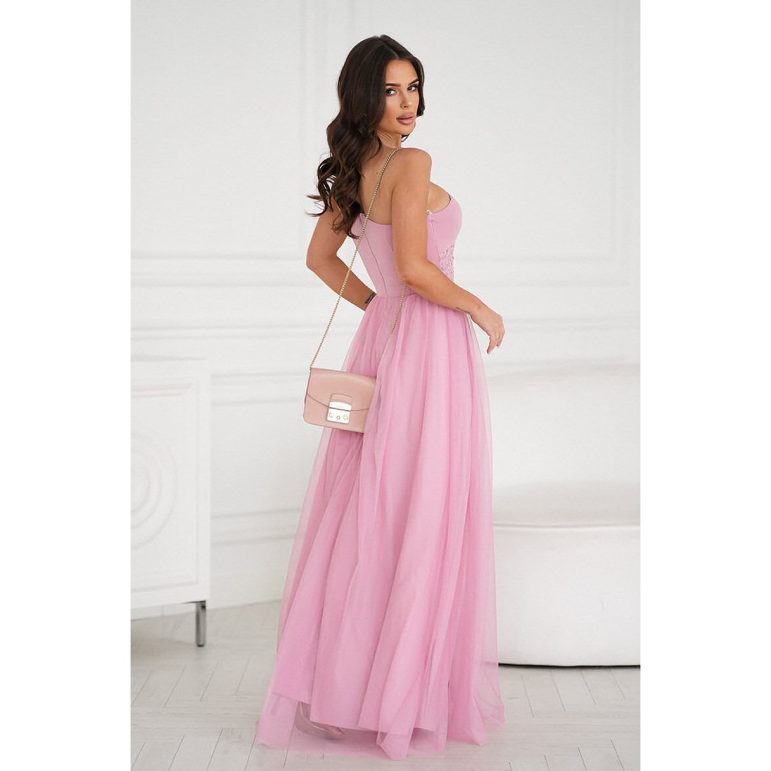 Rochie de ocazie lunga roz pal cu tulle si paiete Louanna - JojoFashion.ro