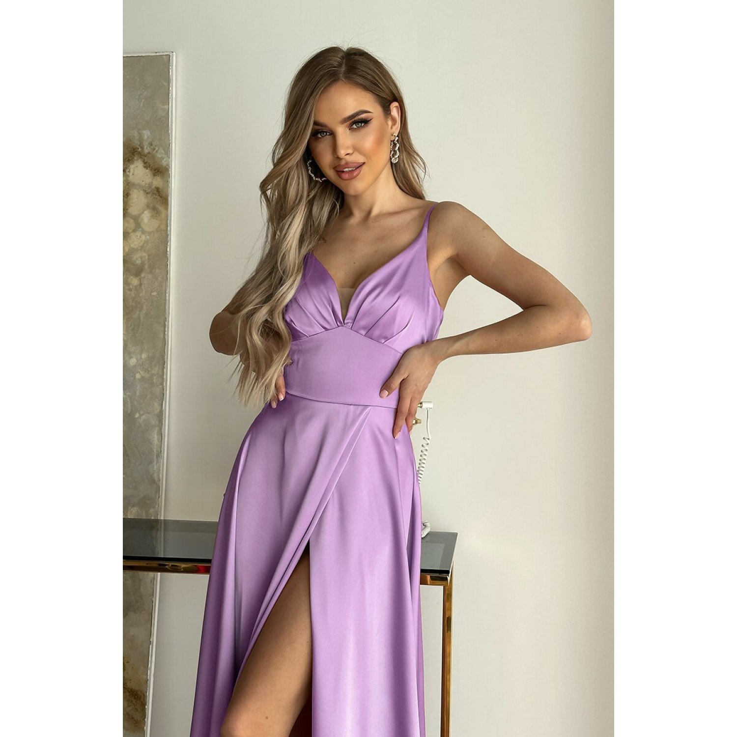 Rochie eleganta lunga, din satin lila, fluida, Aleeza - JojoFashion.ro