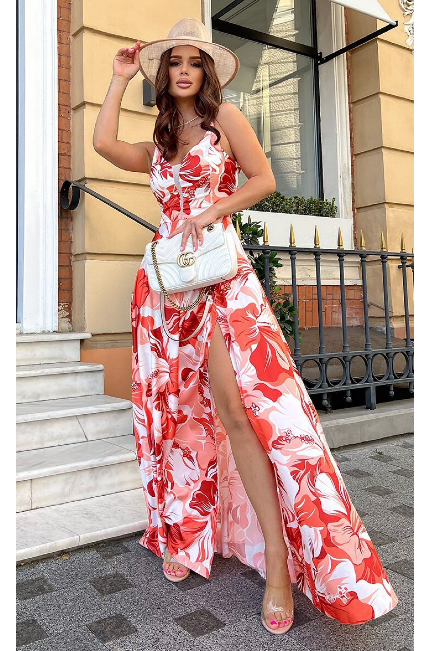 Rochie lunga din satin orange cu flori Amanda - JojoFashion.ro