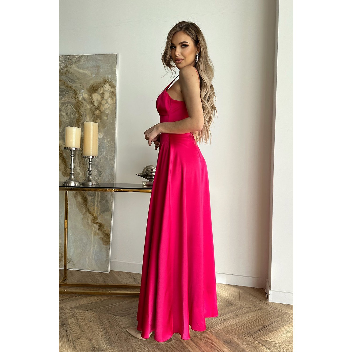 Rochie lunga din satin roz fucsia Aleeza - JojoFashion.ro