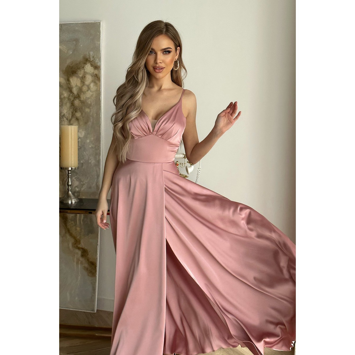 Rochie eleganta lunga, din satin, roz pudrat, Aleeza - JojoFashion.ro