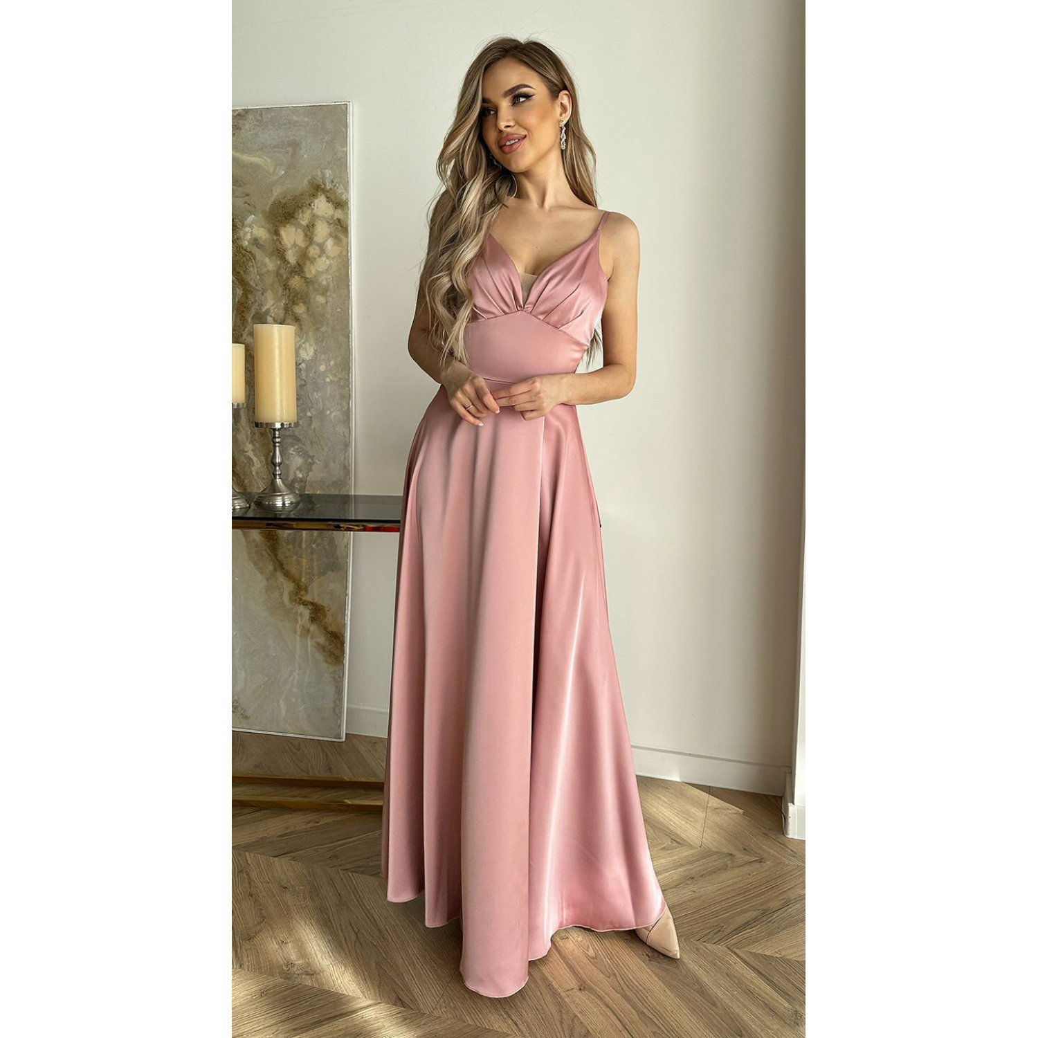 Rochie eleganta lunga, din satin, roz pudrat, Aleeza - JojoFashion.ro
