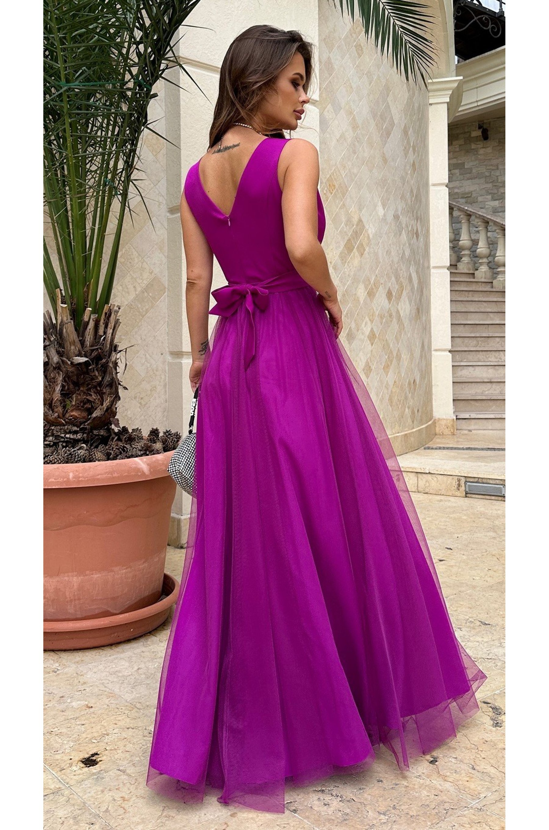 Rochie lunga eleganta din tulle violet bishop vaporoasa Andreea ...