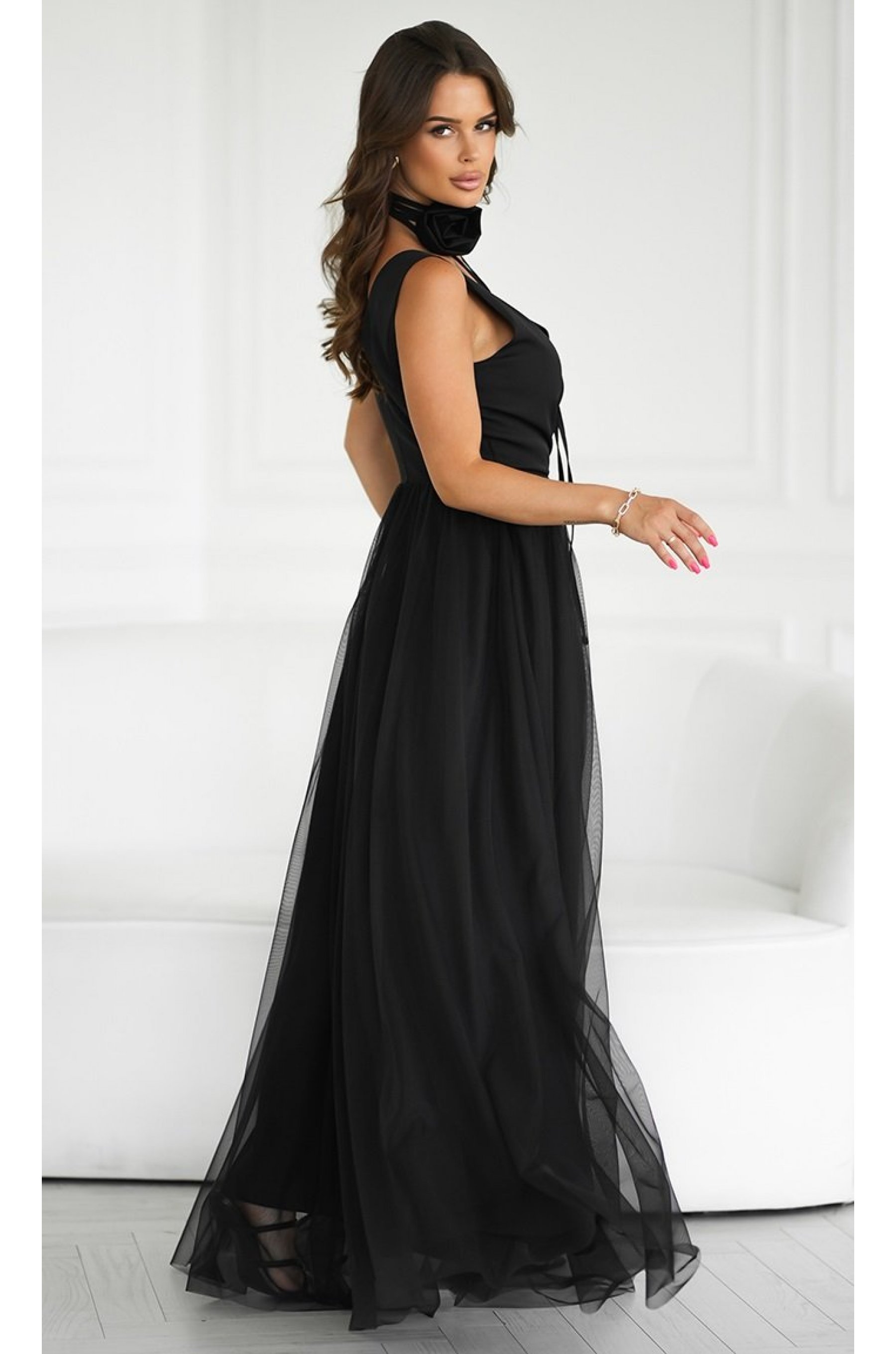 Rochie eleganta lunga neagra vaporoasa din tulle cu floare pe umar Dyandra - JojoFashion.ro