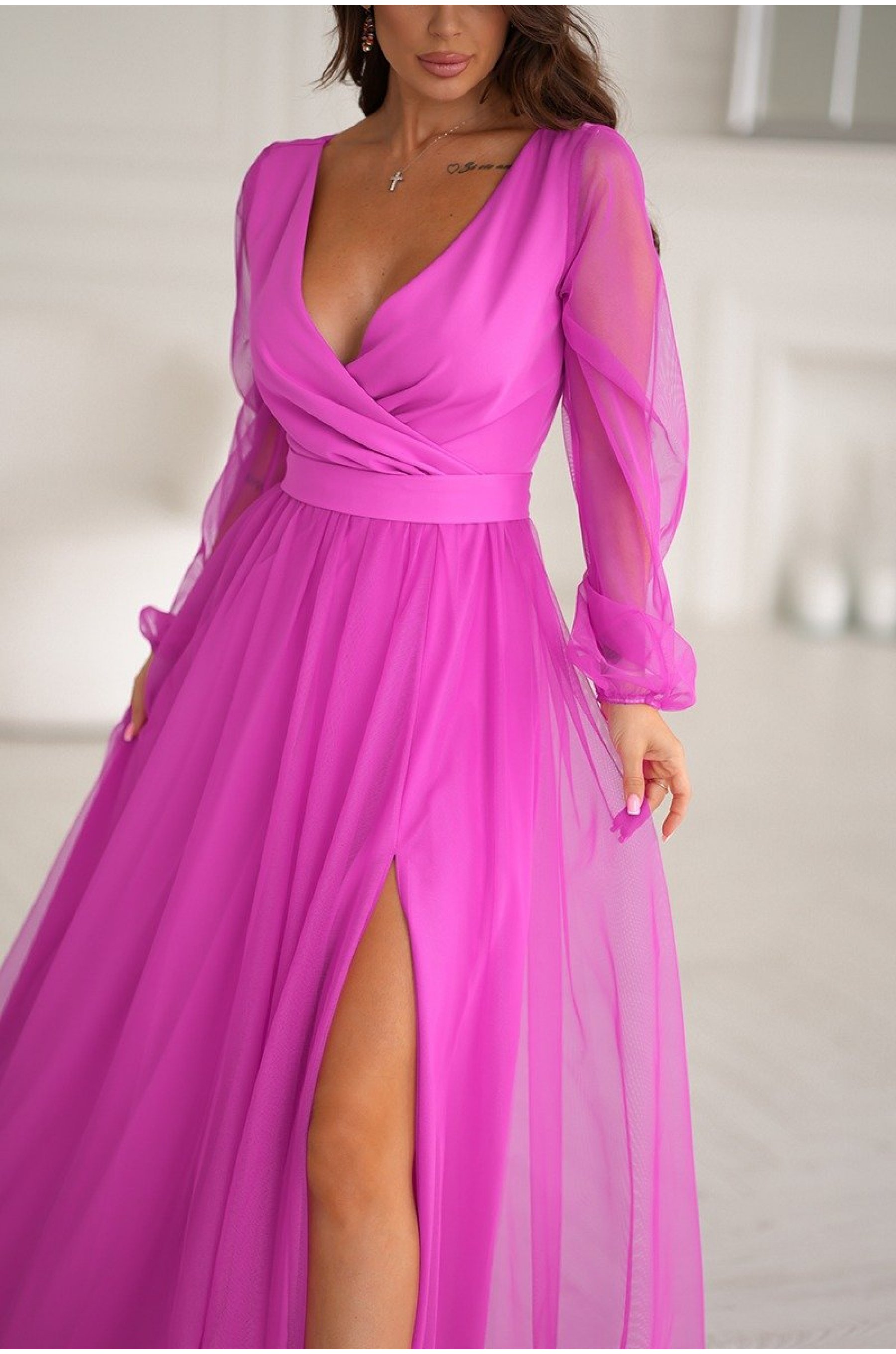 Rochie eleganta lunga roz bishop din tulle cu maneca lunga SplendorB ...