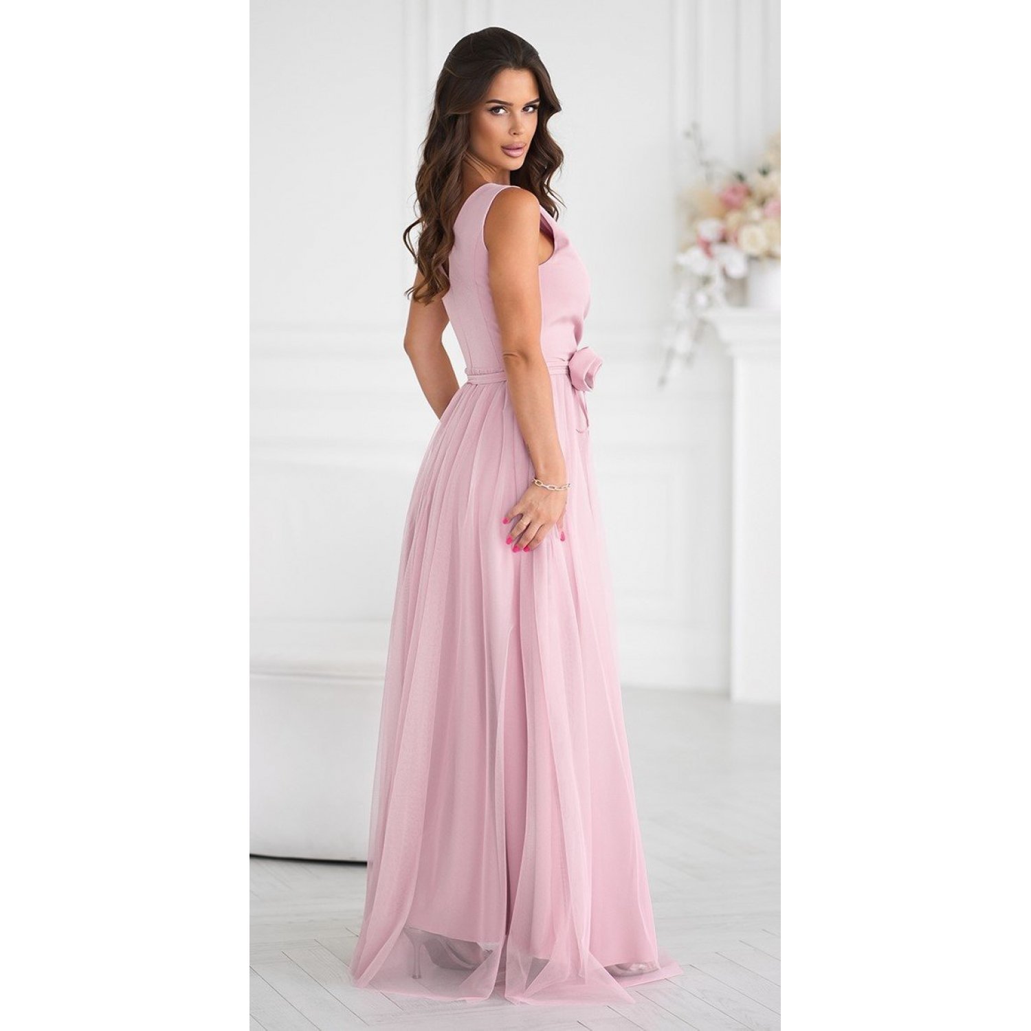 Rochie eleganta lunga roz prafuit din tulle cu floare decorativa ...