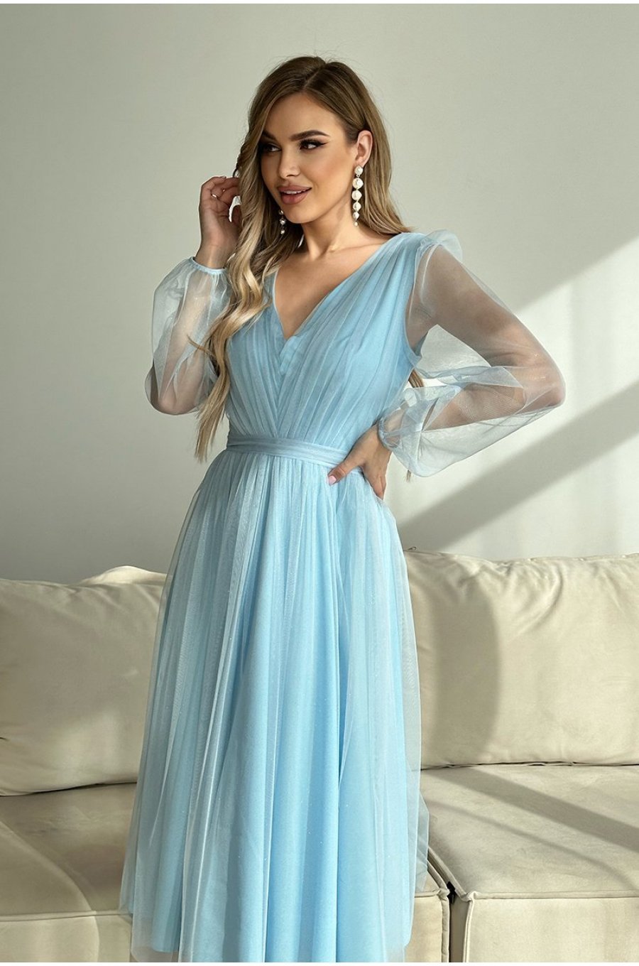 Rochie eleganta midi, din tul cu glitter, bleu, evazata, cu maneca ...