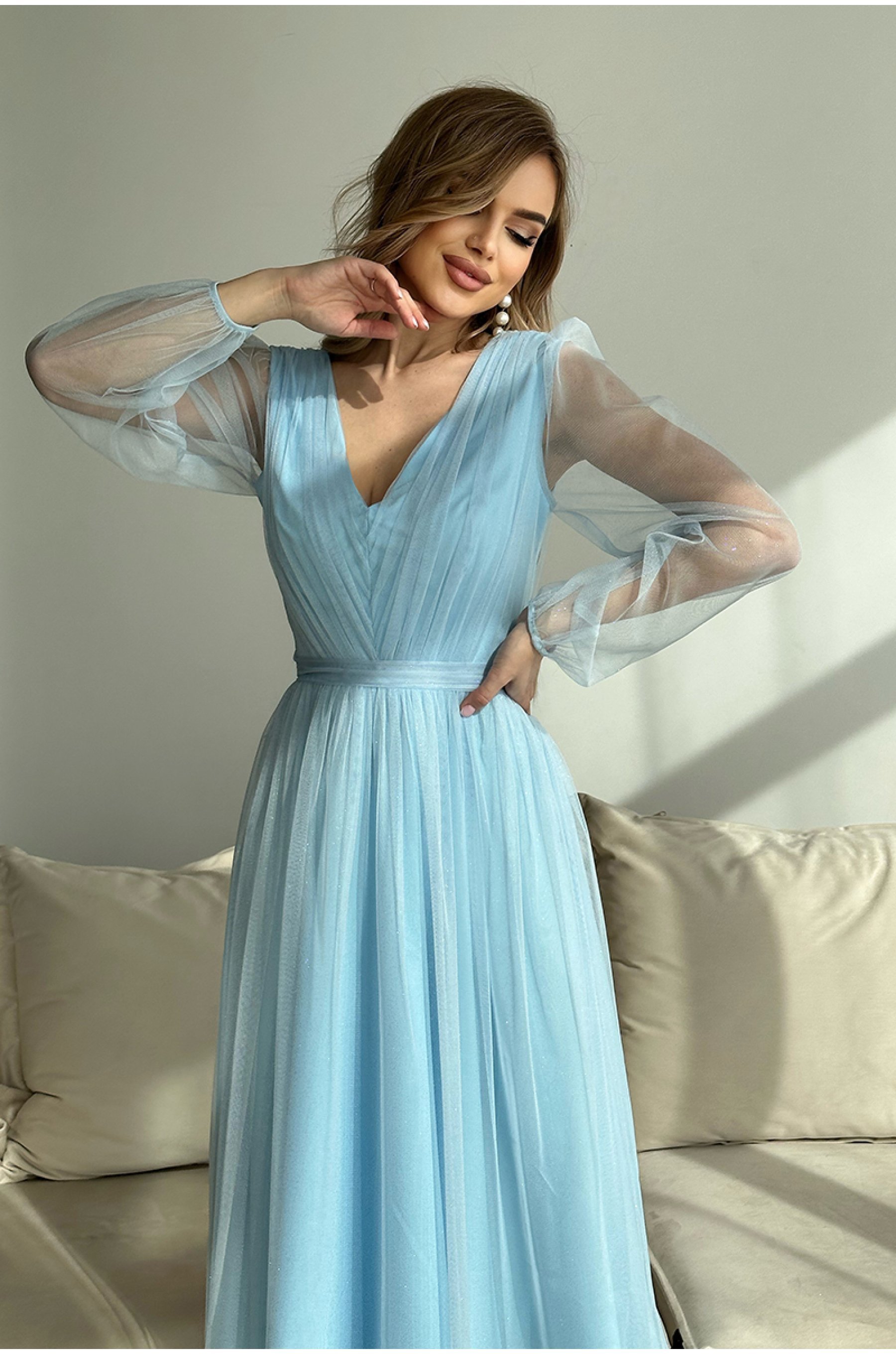 Rochie eleganta midi, din tul cu glitter, bleu, evazata, cu maneca ...