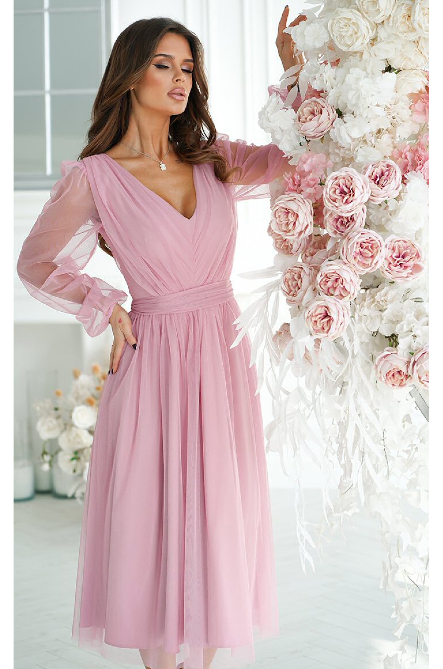 Rochie eleganta midi, din tul cu glitter, roz, evazata, cu maneca lunga ...