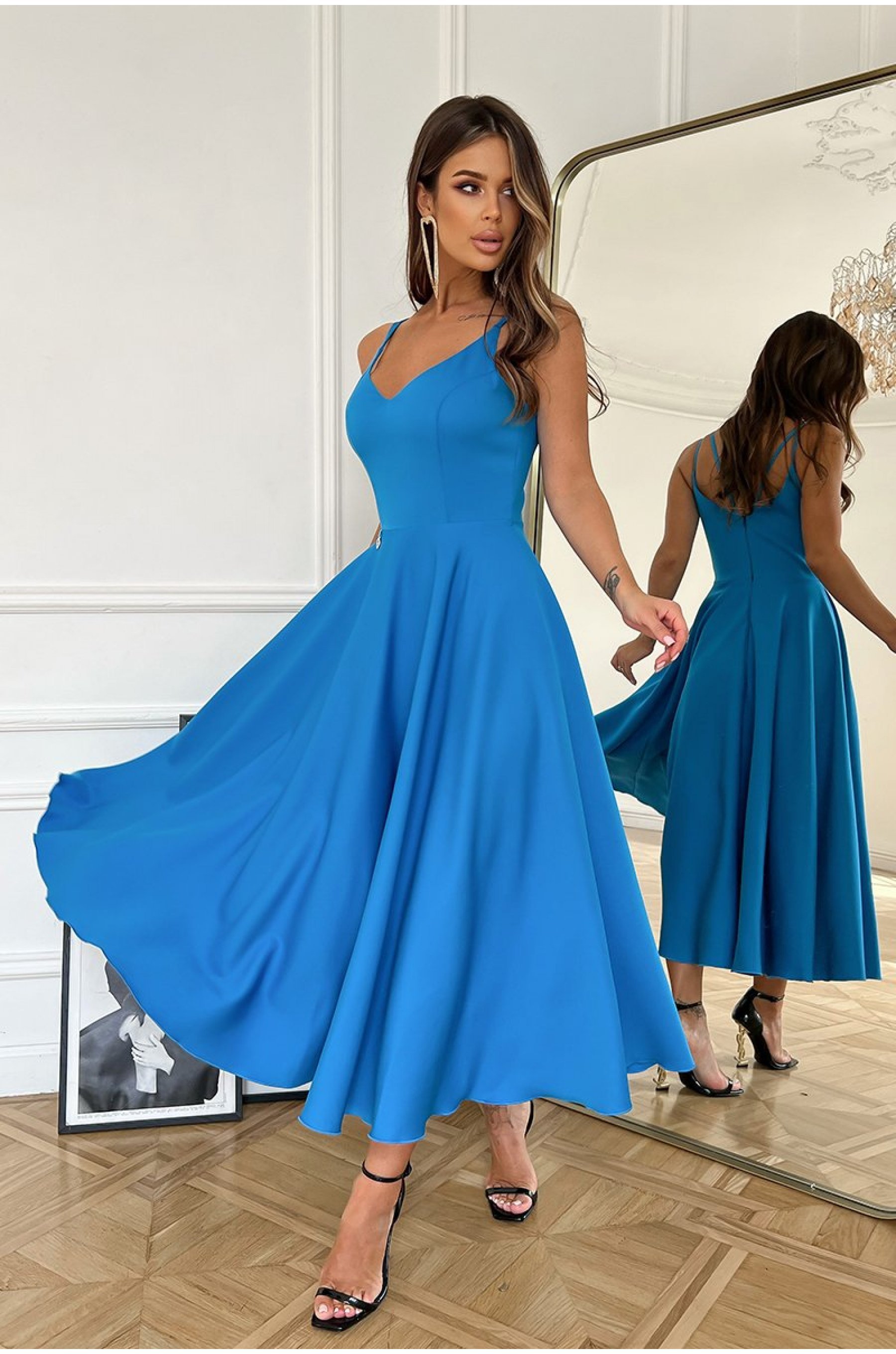 Rochie eleganta midi in clos, bleu, cu umerii goi, vaporoasa, Fabiola ...