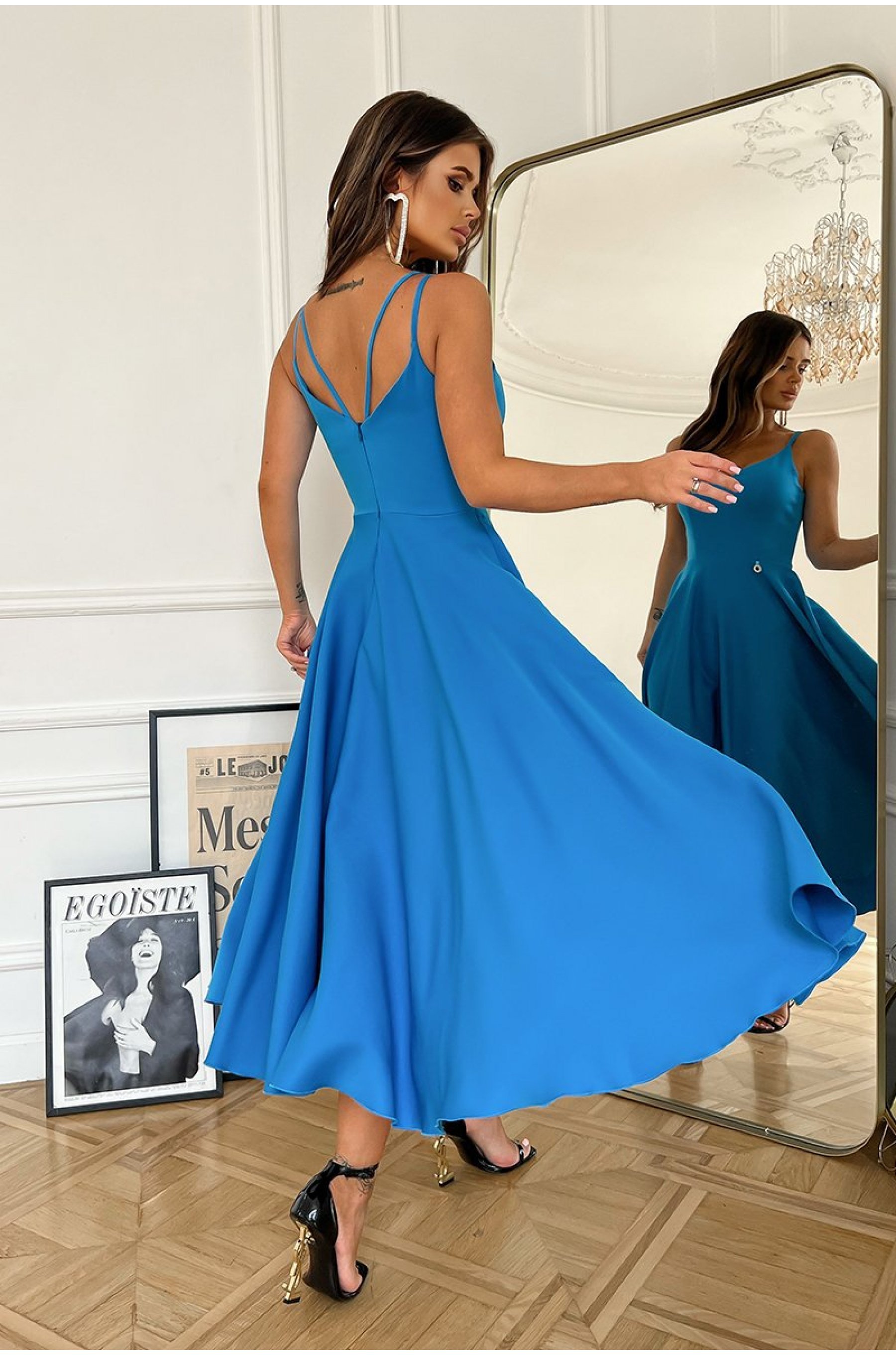 Rochie eleganta midi in clos, bleu, cu umerii goi, vaporoasa, Fabiola ...