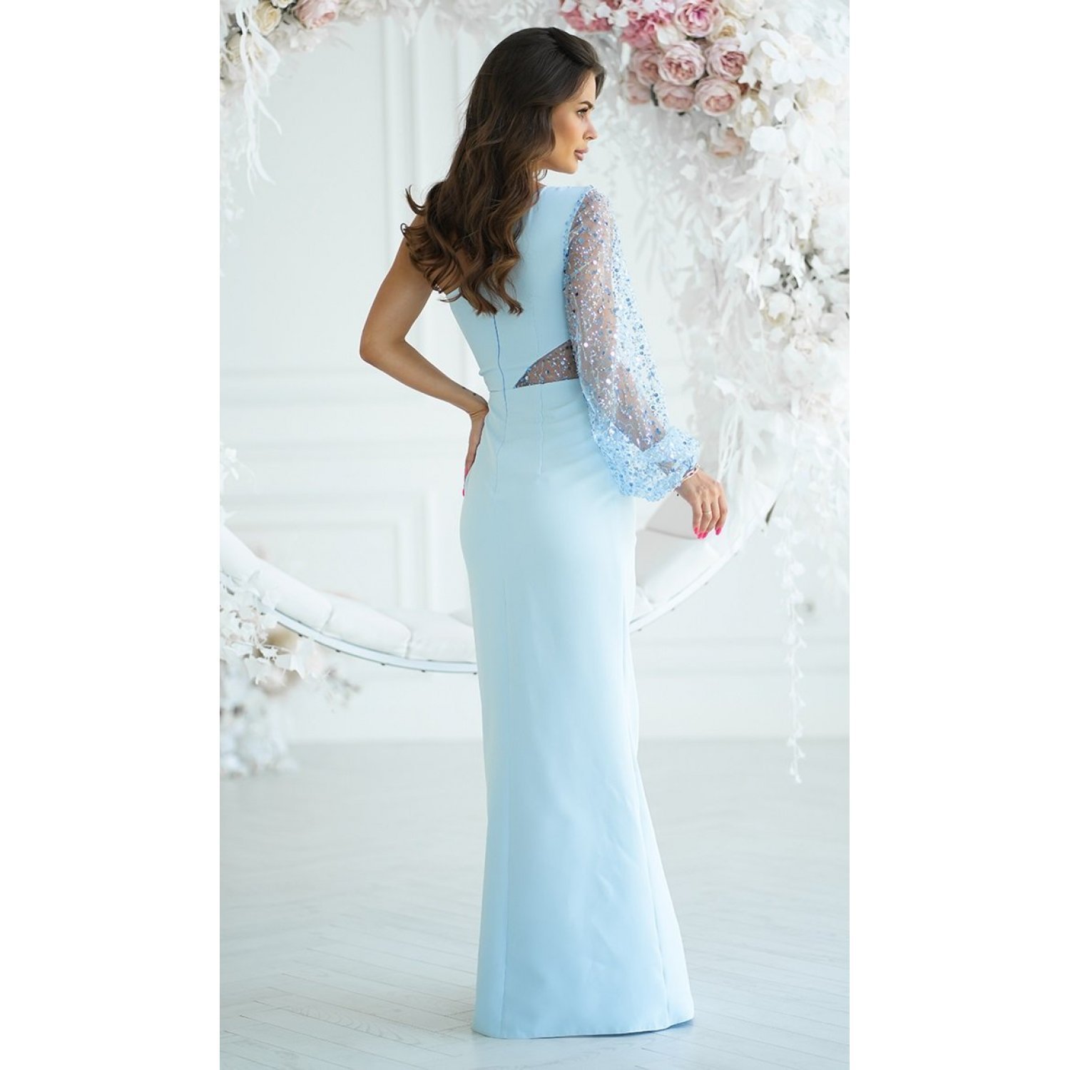 Rochie lunga, cu paiete, baby blue, cu maneca lunga si un umar gol, Temptation - JojoFashion.ro