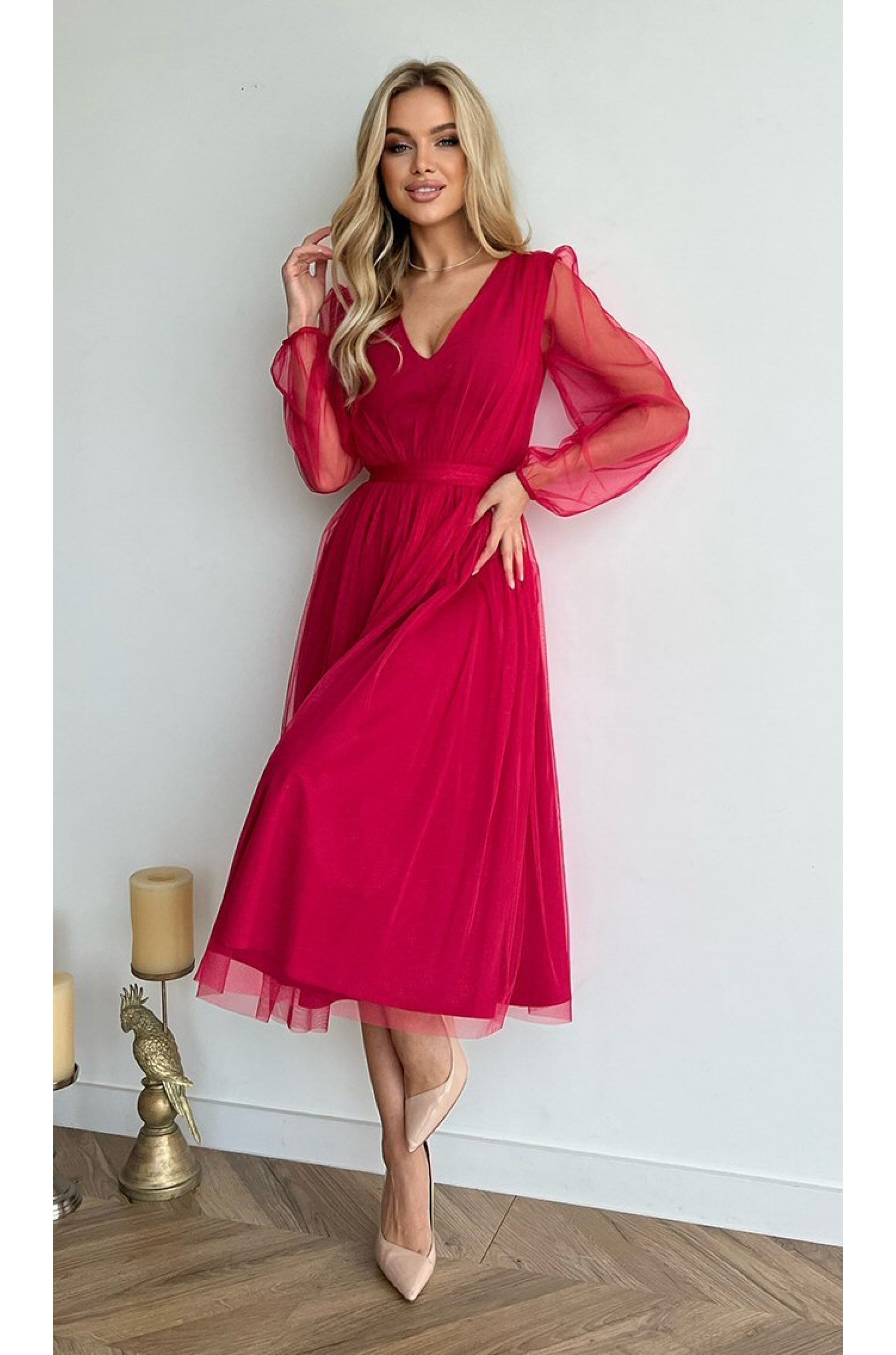 Rochie eleganta midi, din tul cu glitter, roz fucsia, evazata, cu ...